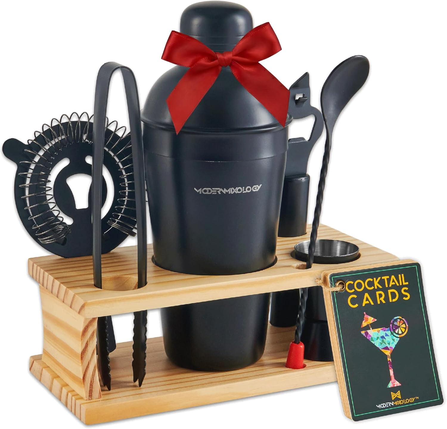 Visualz Cocktail Shaker Set - 8 Piece Bartender Kit on Quality Pine ...