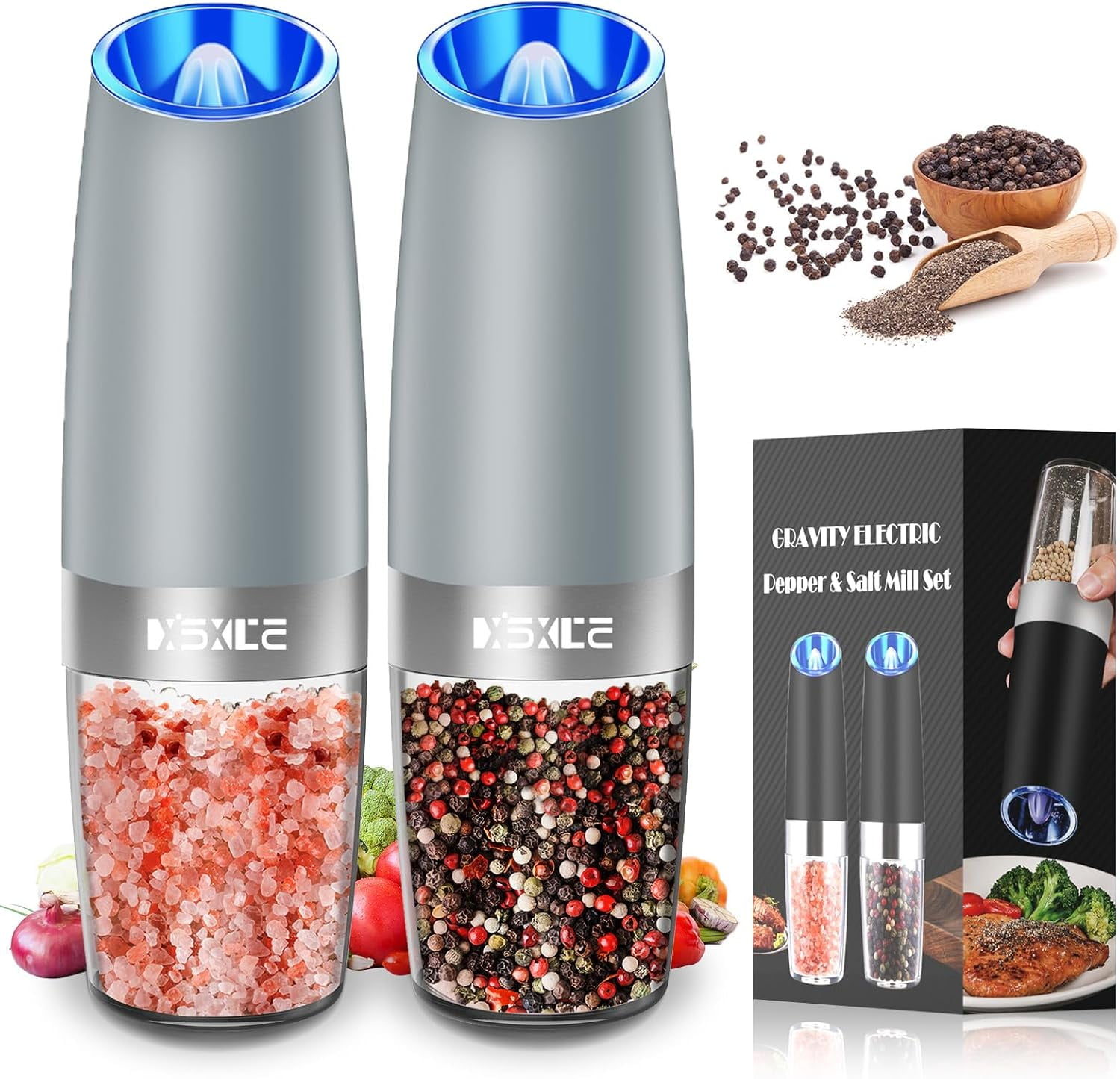 Visualz Electric Pepper and Salt Grinder Set, Adjustable Coarseness ...