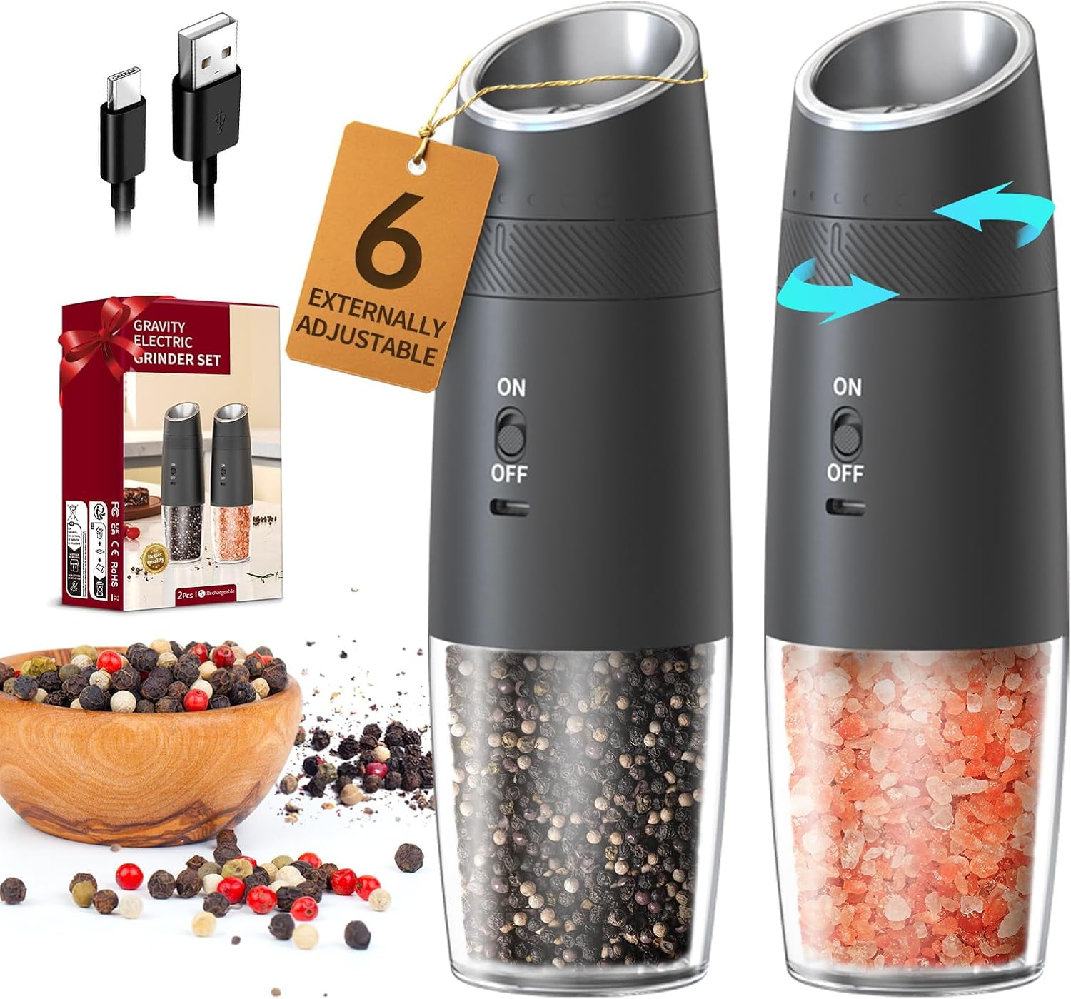 Visualz Electric Salt and Pepper Grinder Set Rechargeable Automatic ...