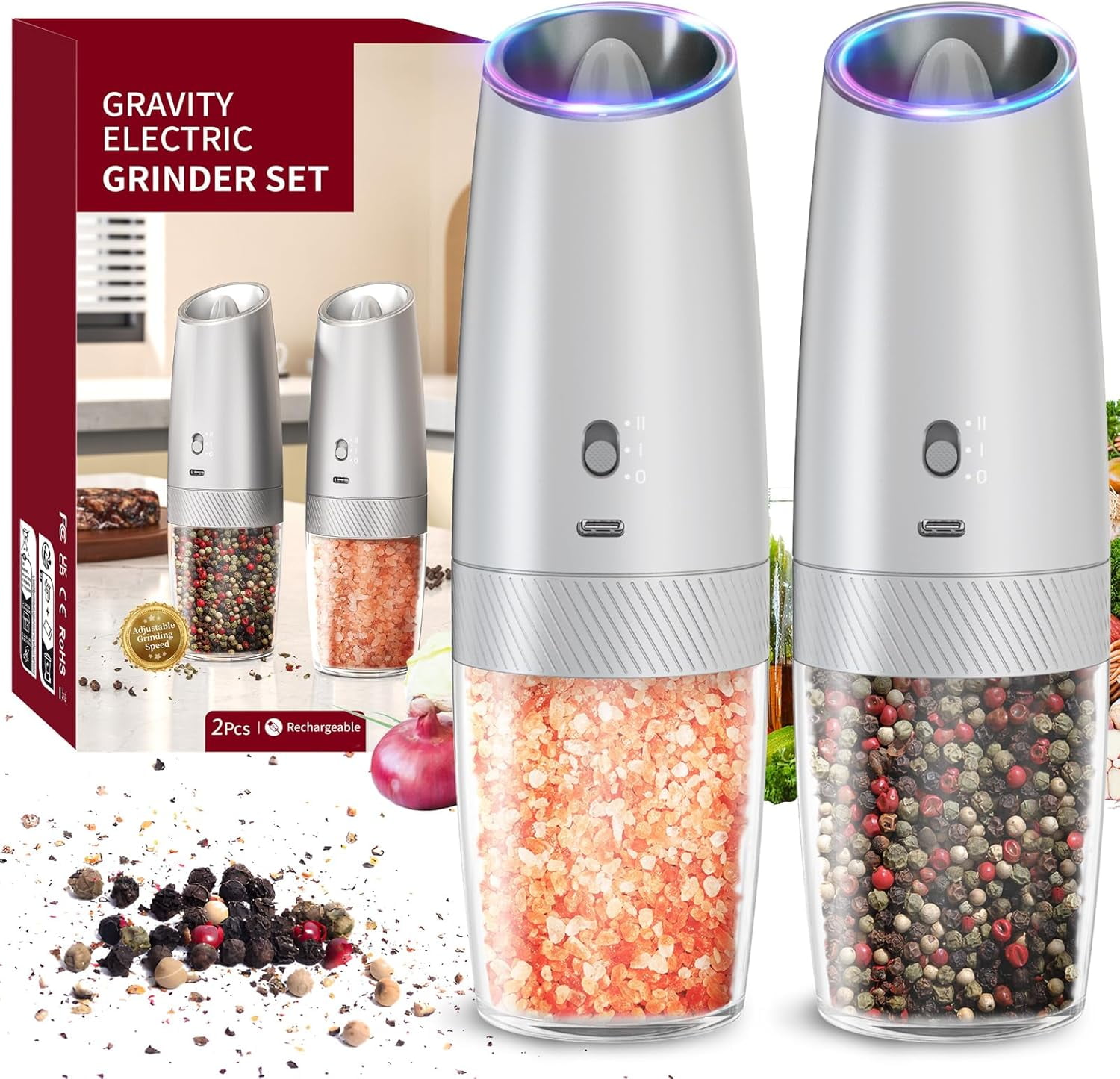 Visualz Electric Salt and Pepper Grinder Set with 2-Speed, Rechargeable ...
