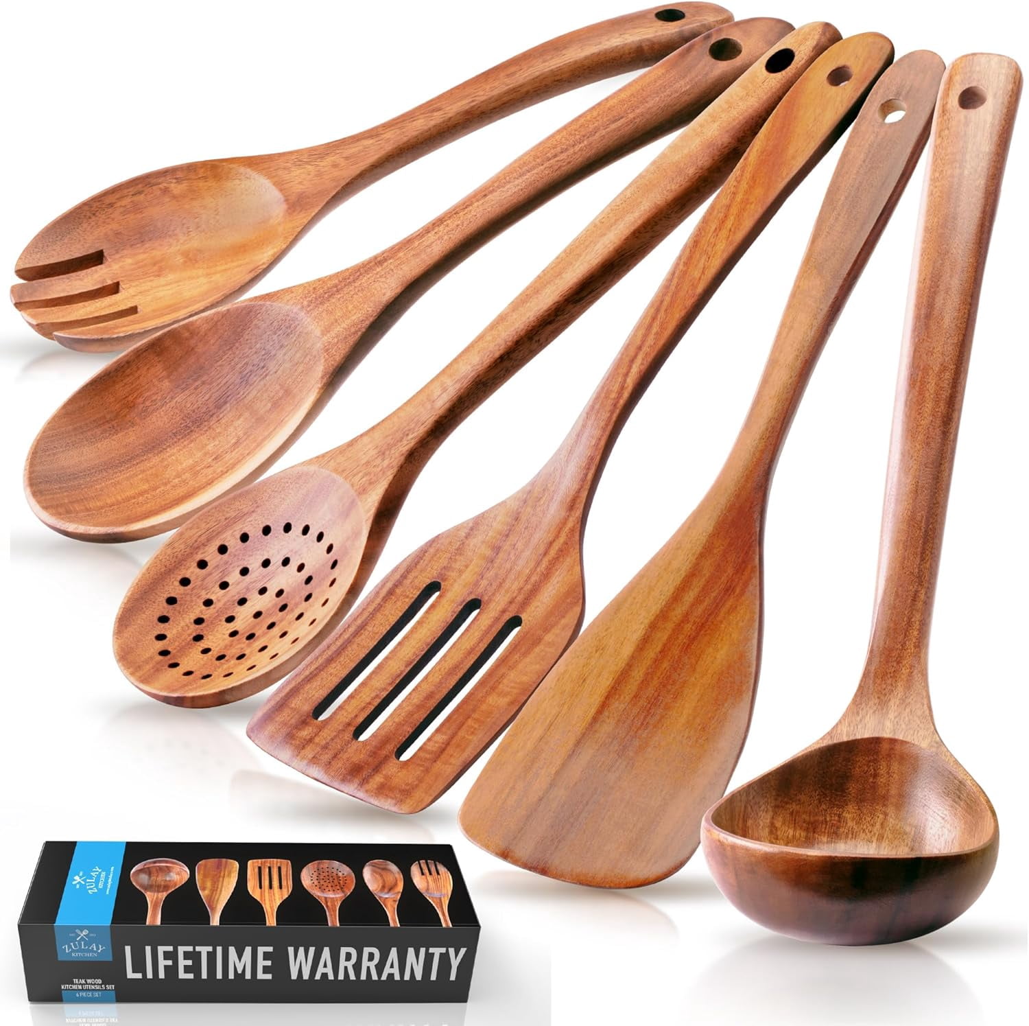 Visualz Extra-Large 6-Piece Wooden Spoon Set - Smooth Teak Cooking ...