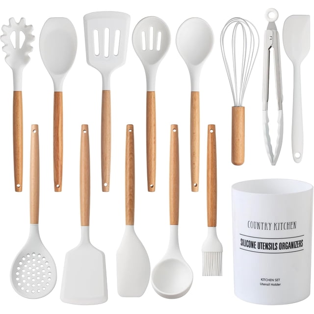 Visualz Non Stick Silicone Utensil Set with Rounded Wood Handles for ...