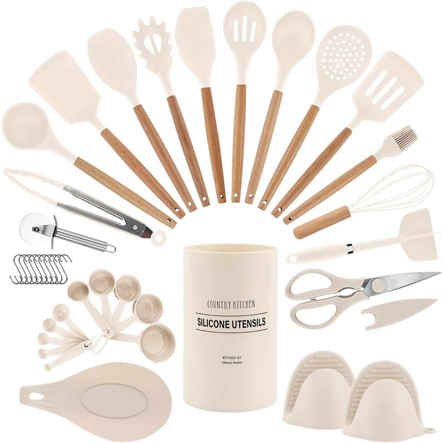 Visualz Non Stick Silicone Utensil Set with Rounded Wood Handles for ...