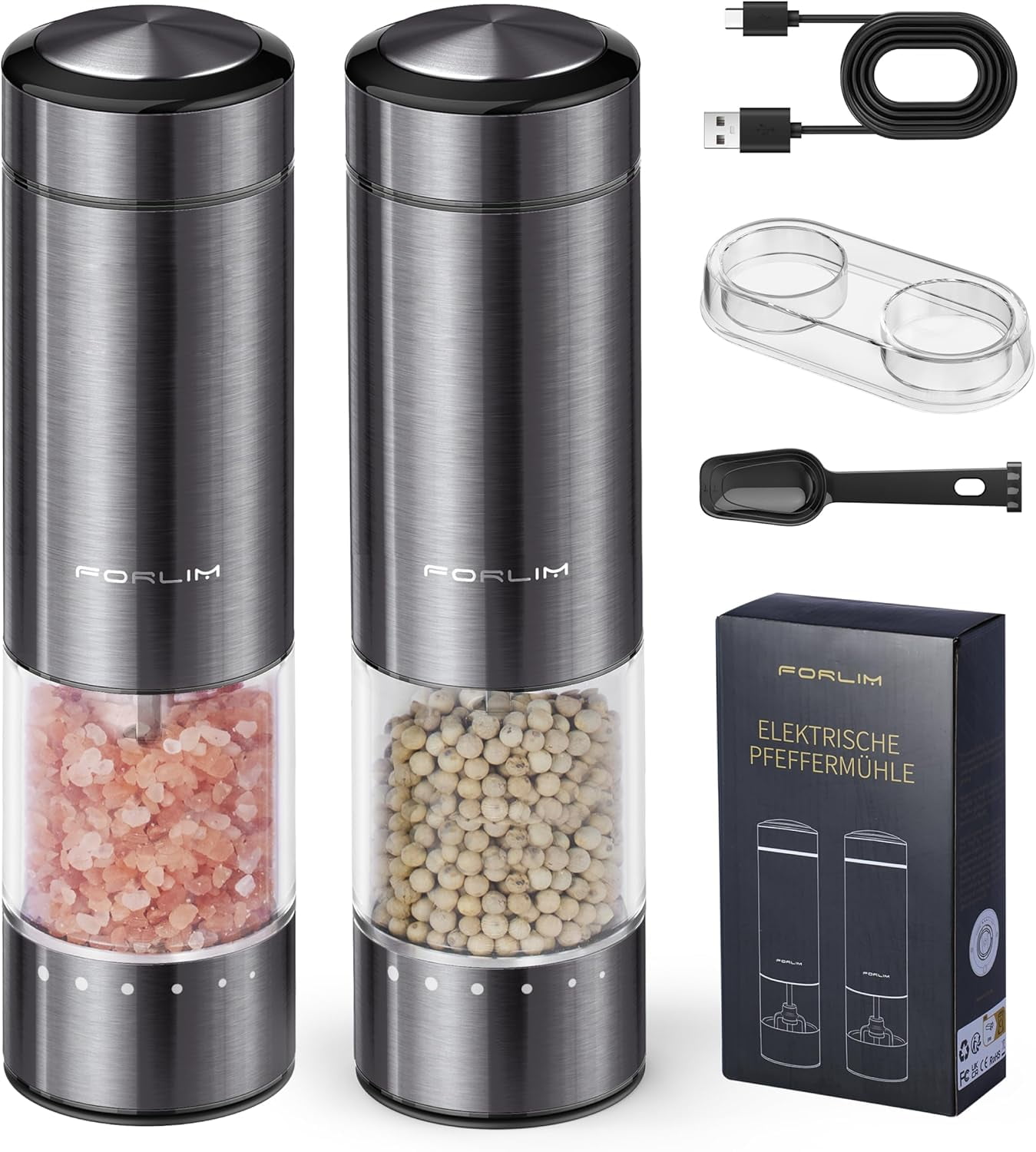 Visualz Rechargeable Electric Salt and Pepper Grinder Set - Automatic ...