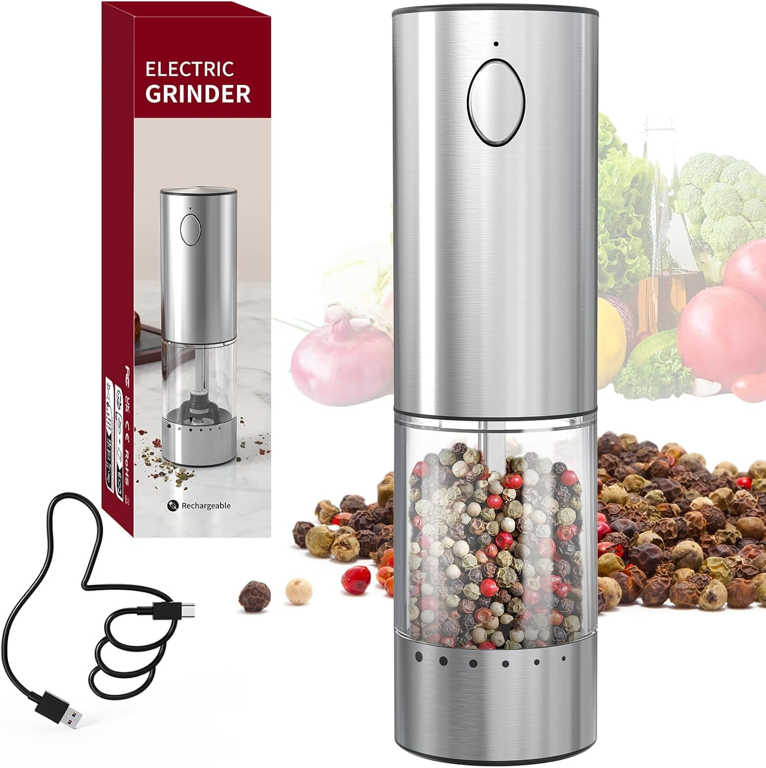 Visualz Stainless Steel Electric Pepper Grinder, Rechargeable Pepper ...