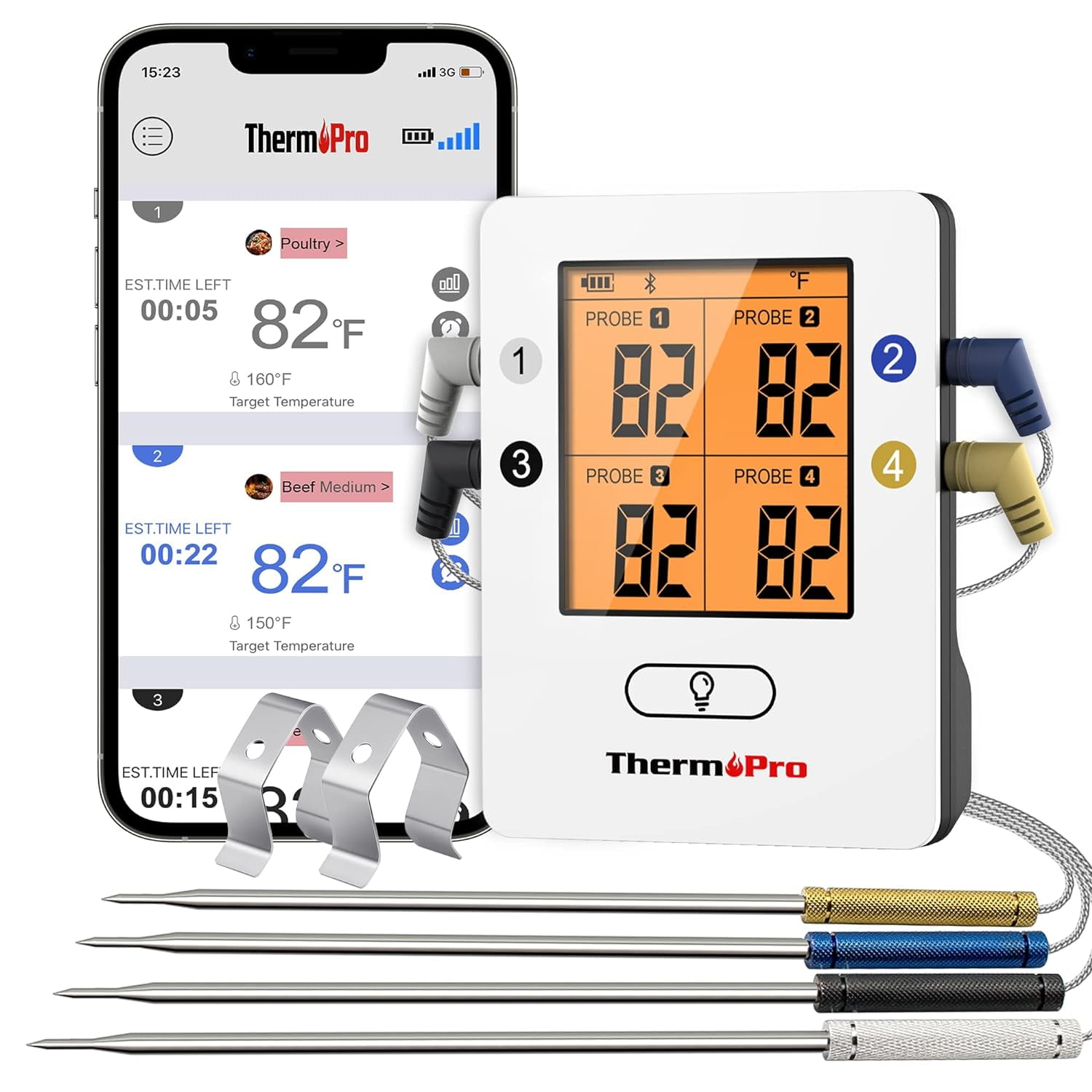 Visualz TP25 650FT Wireless Meat Thermometer with 4 Probes, Bluetooth ...