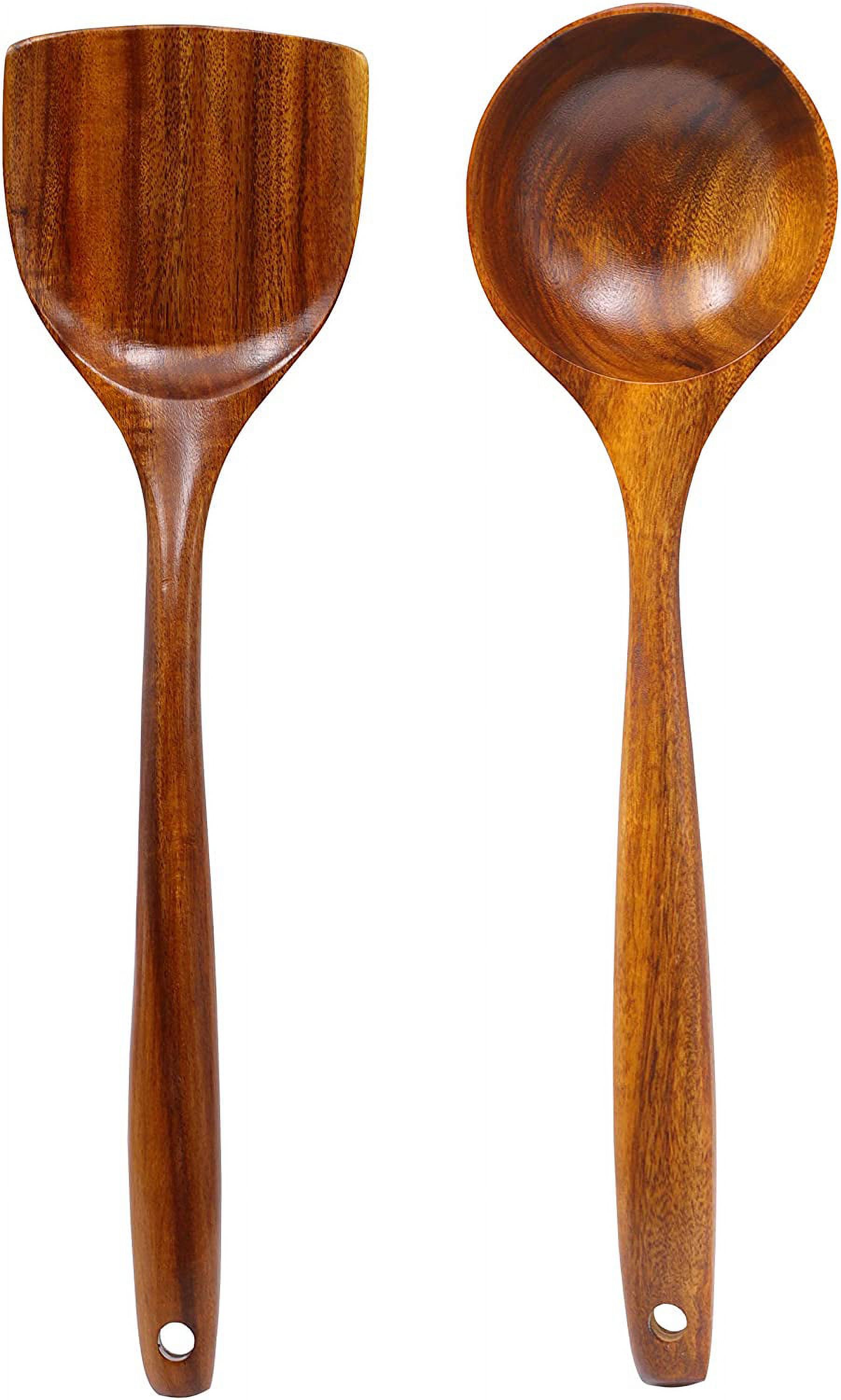 Visualz Wooden Wok Spatula Ladle Tool Set, 14-inch Long Handle Teak Wok ...