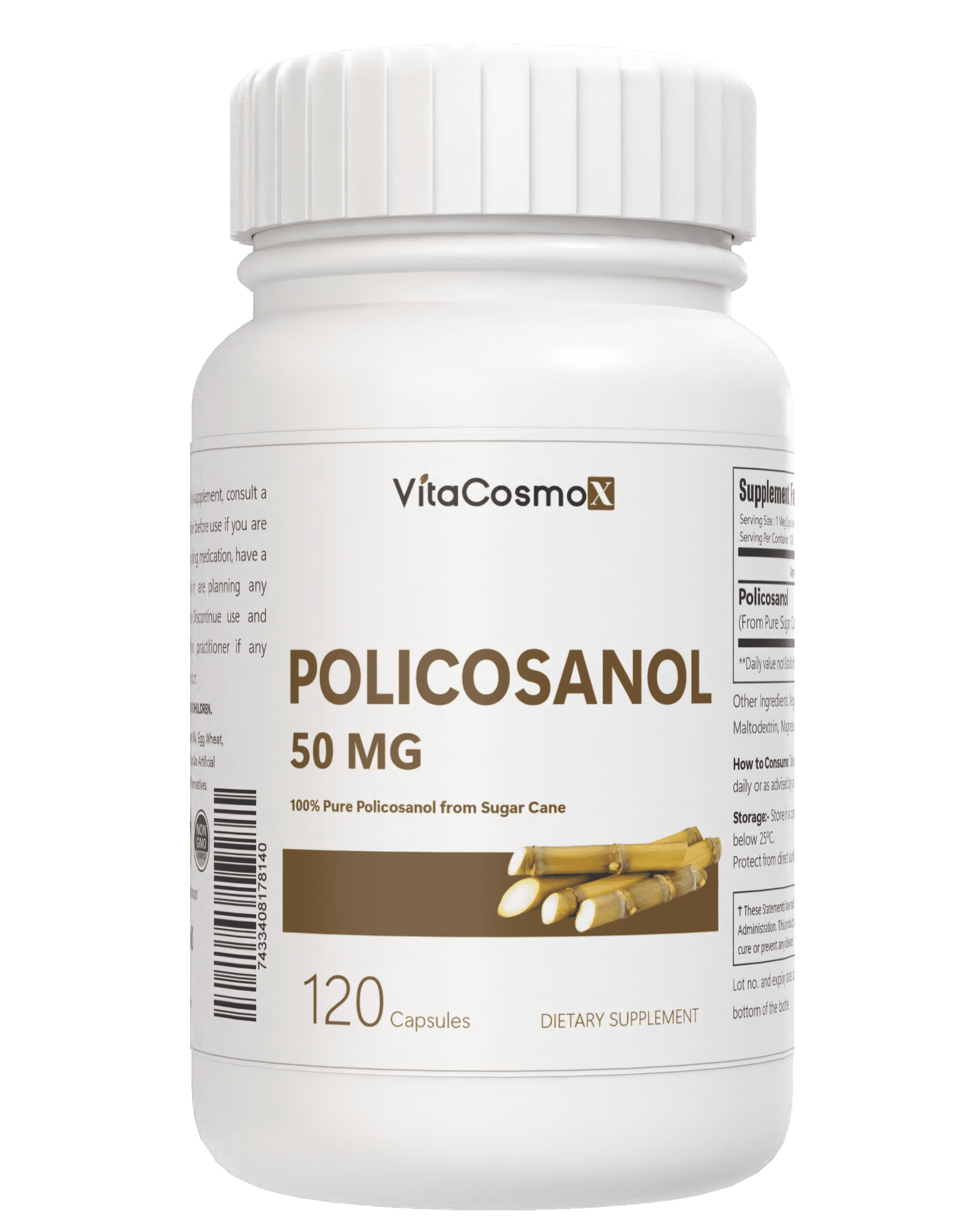 VitaCosmoX Policosanol 50mg Sugar Cane 120 Capsules - Gluten Free, Non ...