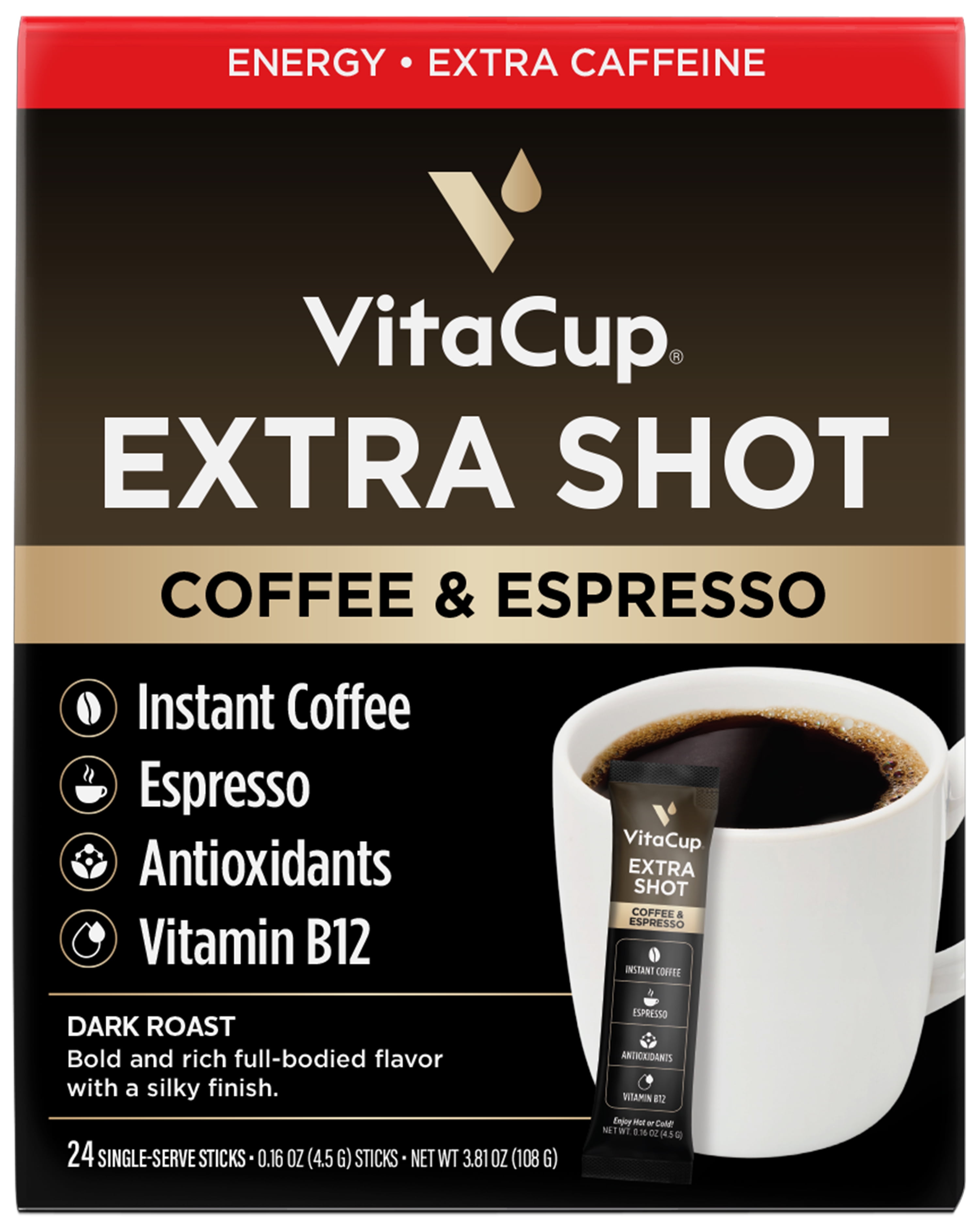 VitaCup Extra Shot Instant Coffee Packets with Espresso Shot, 24ct ...
