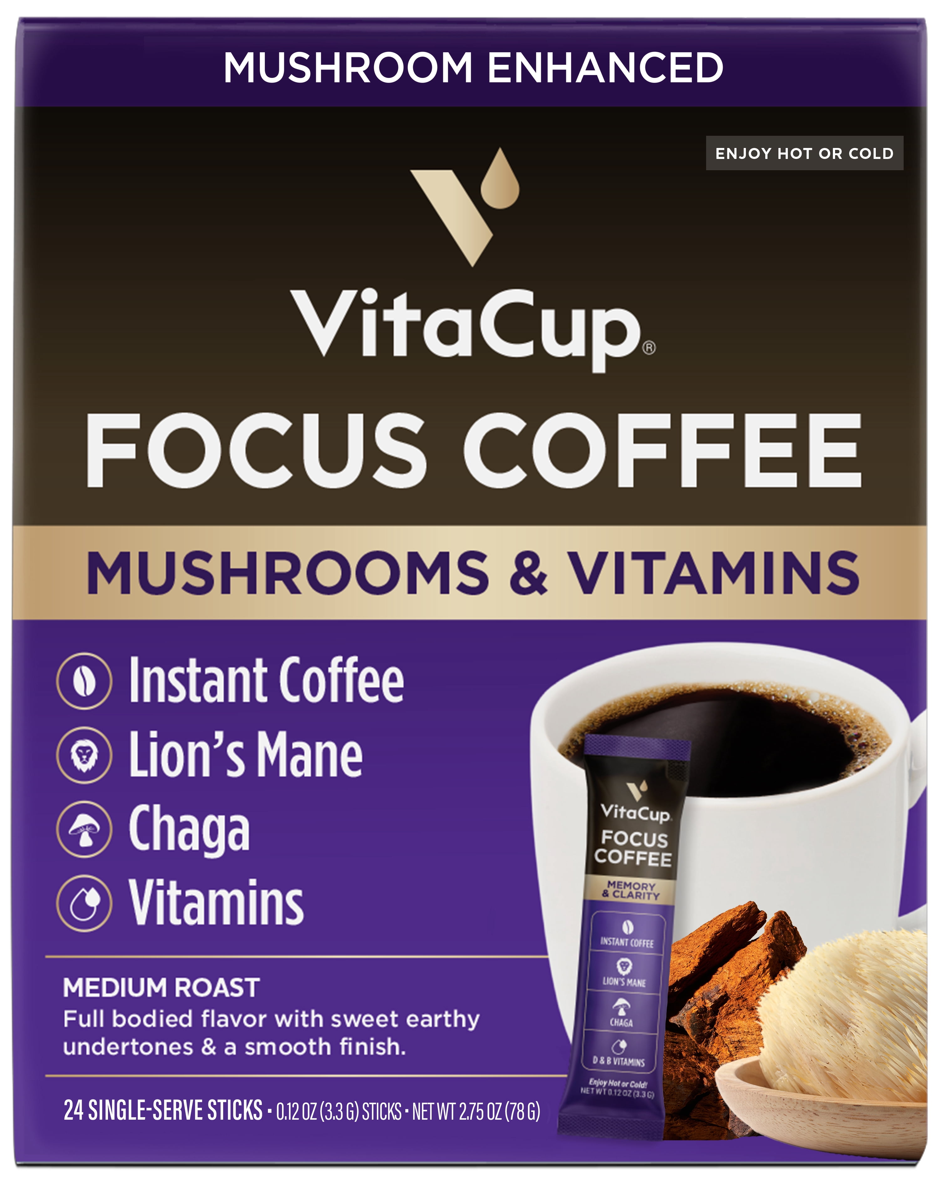 VitaCup Focus Mushroom Coffee Instant Packets, w/ Fiber, Chaga, Lion’s ...