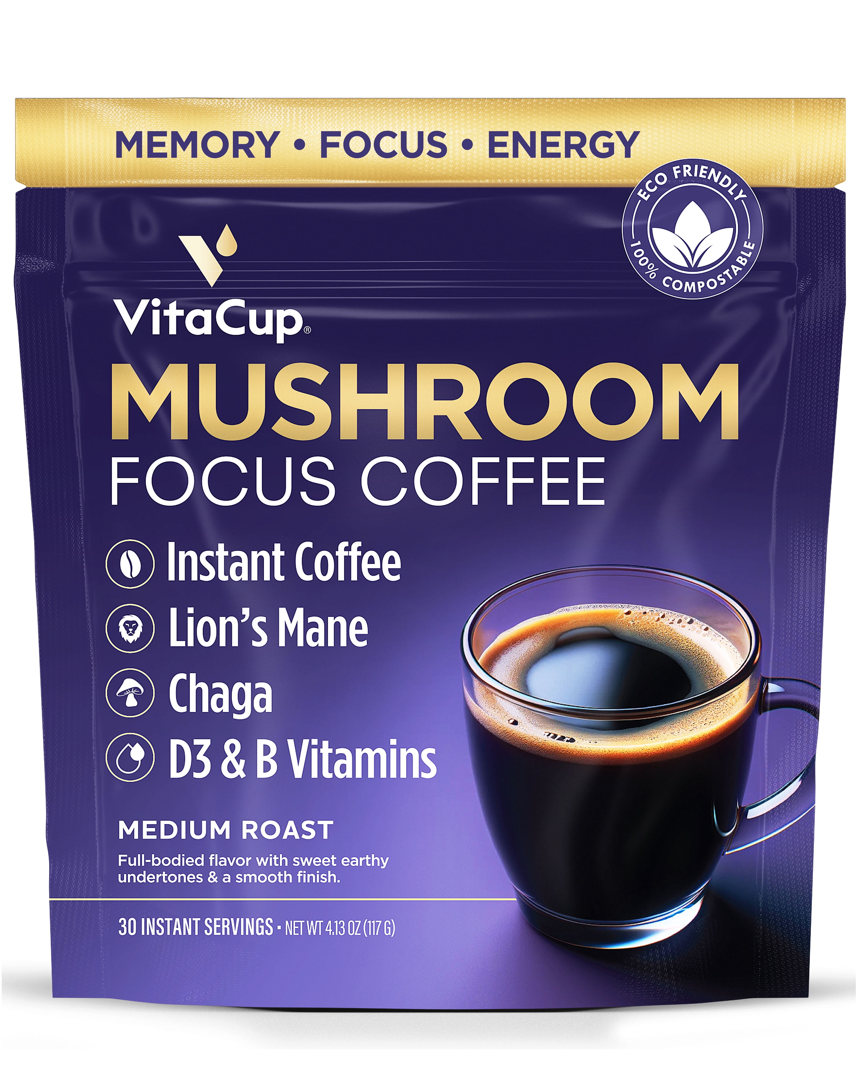 VitaCup Focus Mushroom Instant Coffee, 30 Servings - Walmart.com