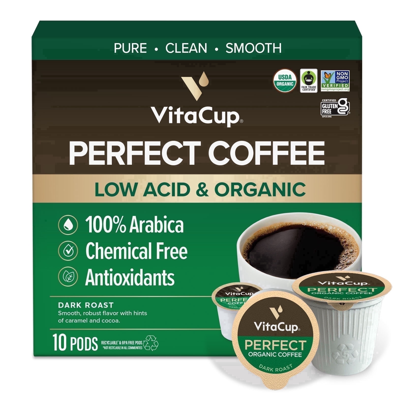 VitaCup Perfect Low Acid Coffee Pods 10 ct, USDA Organic & Fair Trade ...