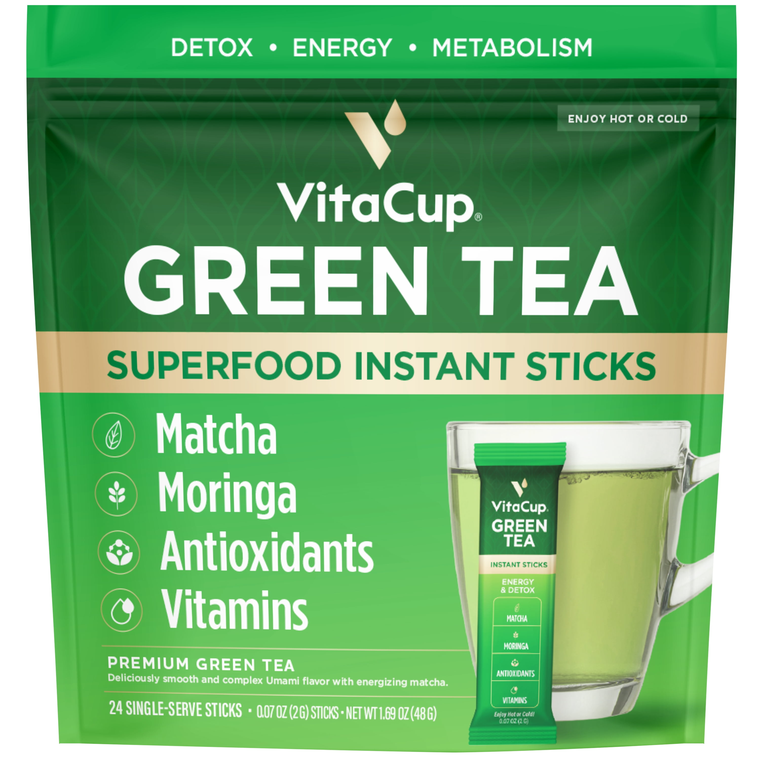 Vitacup Instant Green Tea Packets with Matcha & Moringa, 24 Count ...