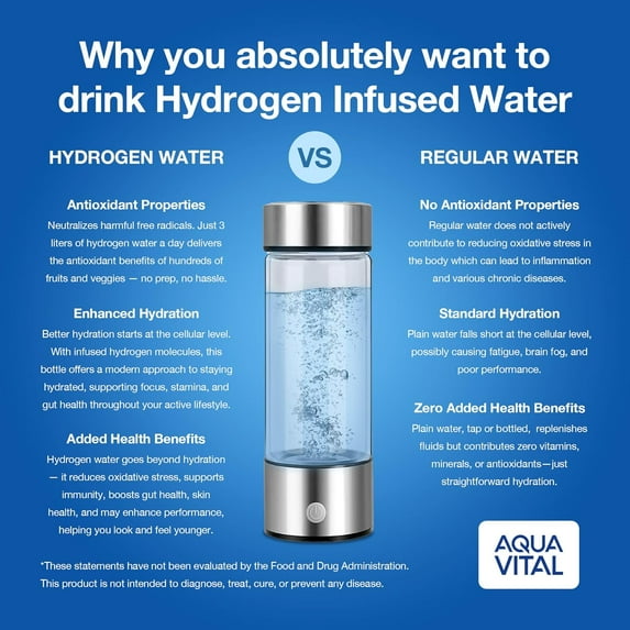 Vital Hydrogen Water Bottle 2025 - 16 oz/470 ml SPE-PEM Ionized H₂ ...