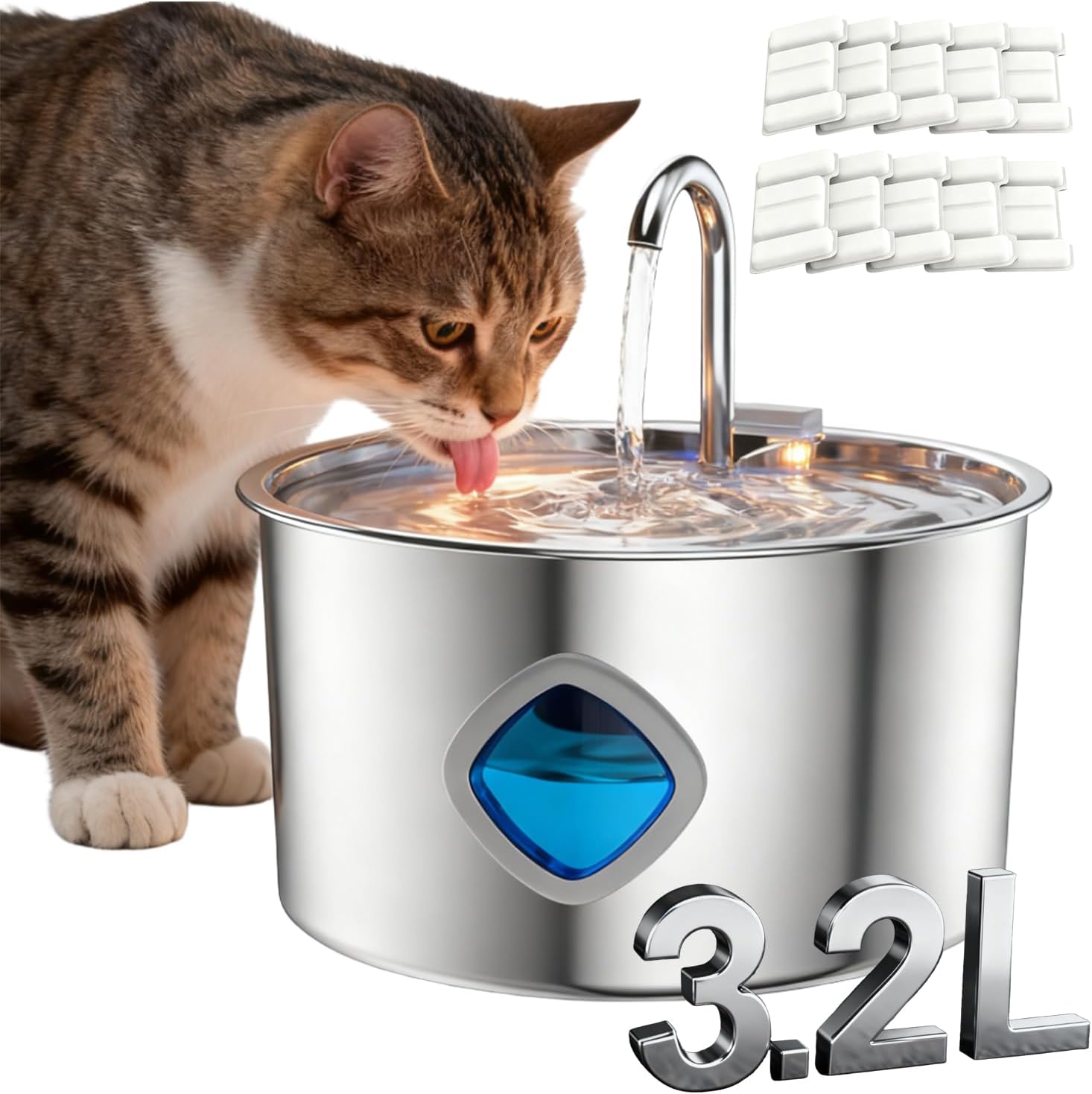 Vital Sip Cat Water Fountain - 108oz/3.2L Filtered Silent Stainless ...