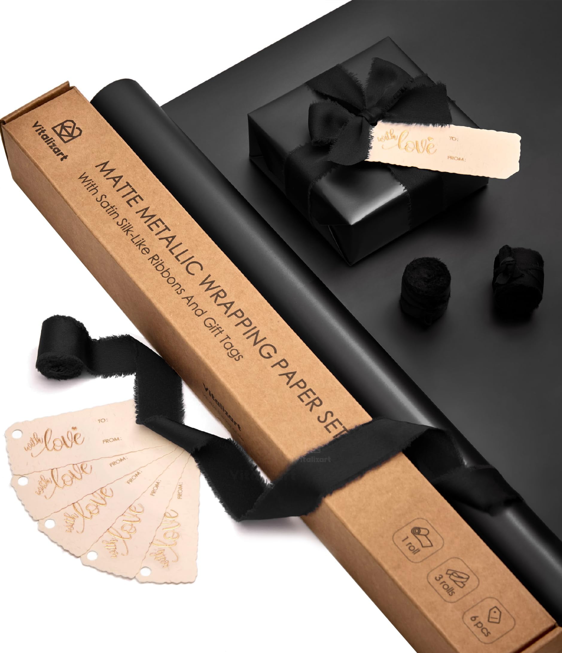 Vitalizart Black Matte Metallic Wrapping Paper AIS1 Set 17" Silk Satin Ribbon & Gift Tags ...
