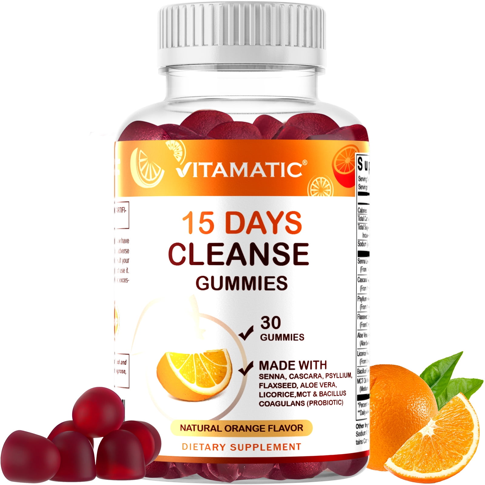 Vitamatic 15 Day Cleanse Gummies, Senna, Cascara, Psyllium, Flaxseed, Aloe Vera, Licorice, MCT ...