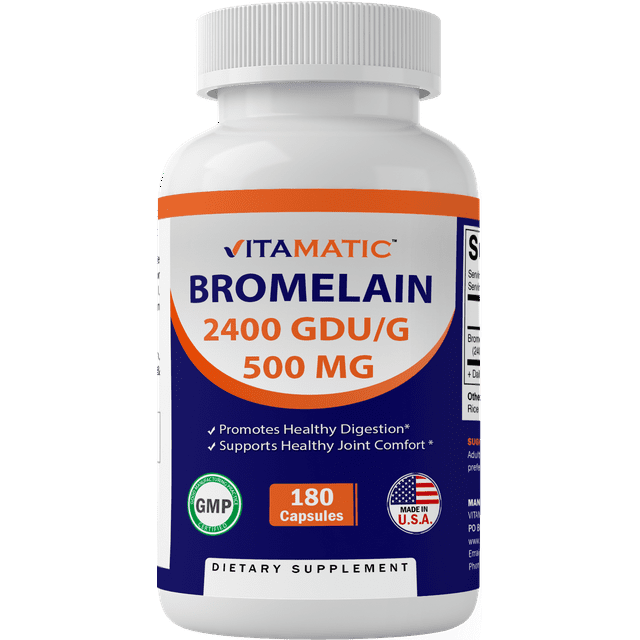 Vitamatic Bromelain Supplement 500mg, 2400 GDU/g, 180 Capsules for ...
