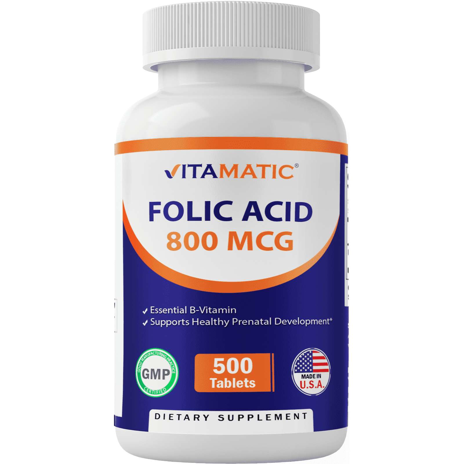 Vitamatic Folic Acid 800 mcg - 500 Vegetarian Tablets - Vitamin B9 ...