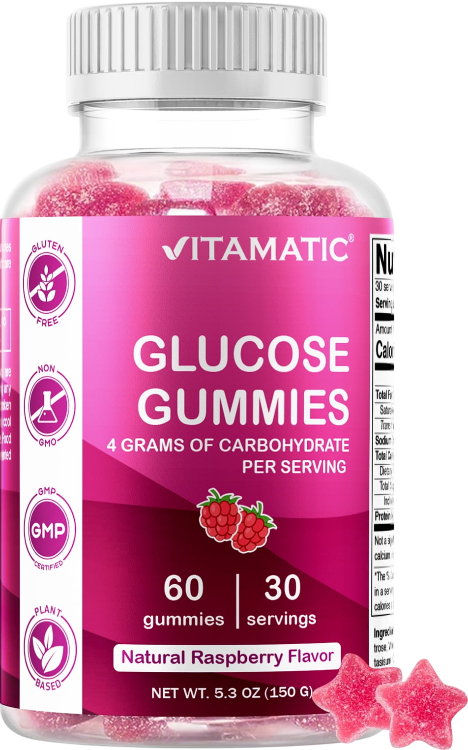 Vitamatic Glucose Chewable Gummies, 60 Count, Natural Raspberry Flavor ...