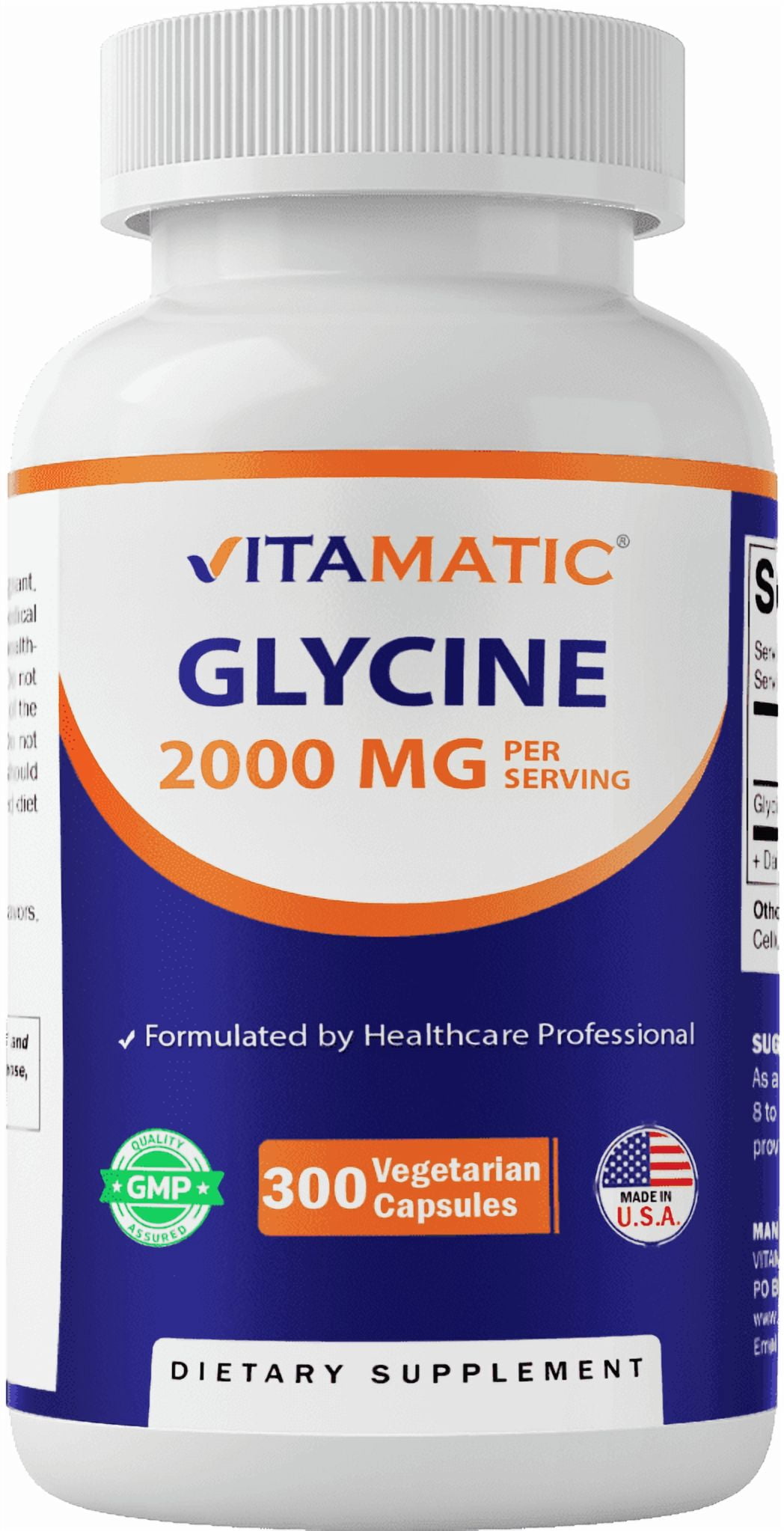 Vitamatic Glycine Supplement, 2000mg Per Serving- 300 Veg Capsules Non ...