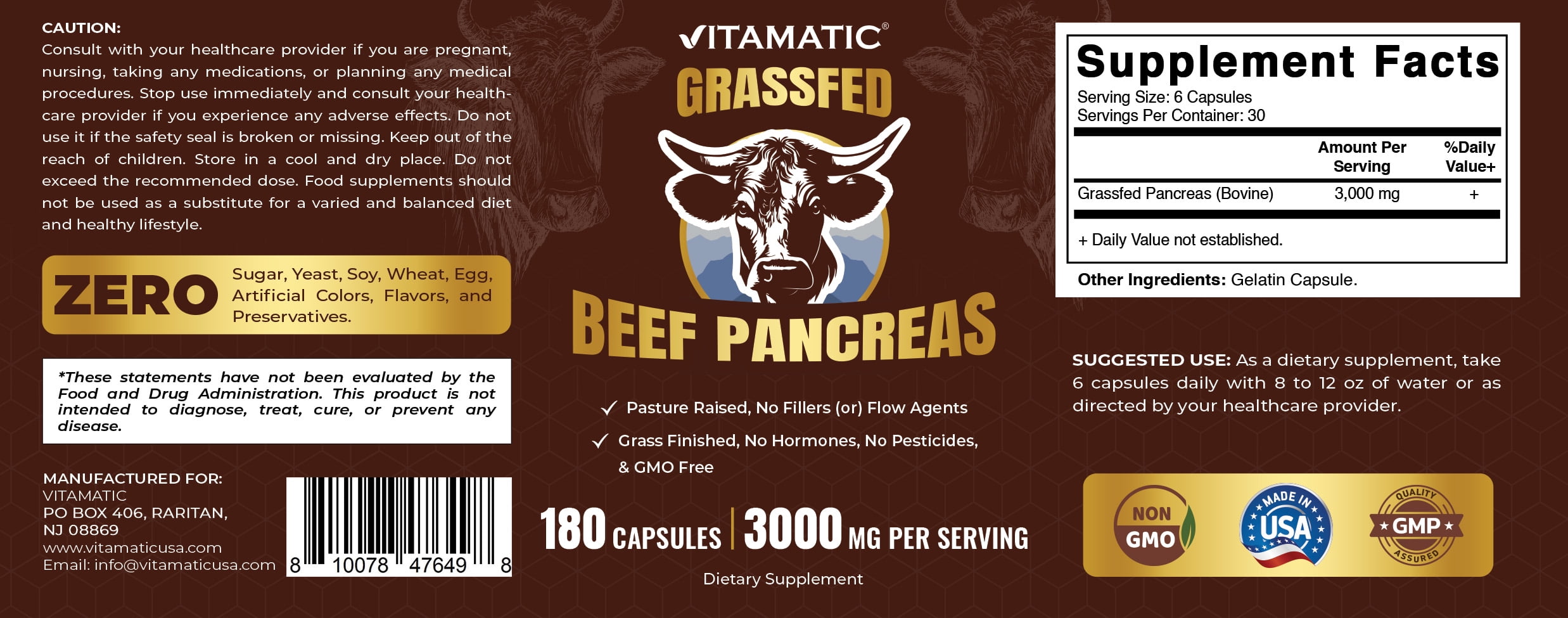 Vitamatic Grass-Fed Beef Pancreas 180 Capsules – Freeze-Dried, Non-GMO ...