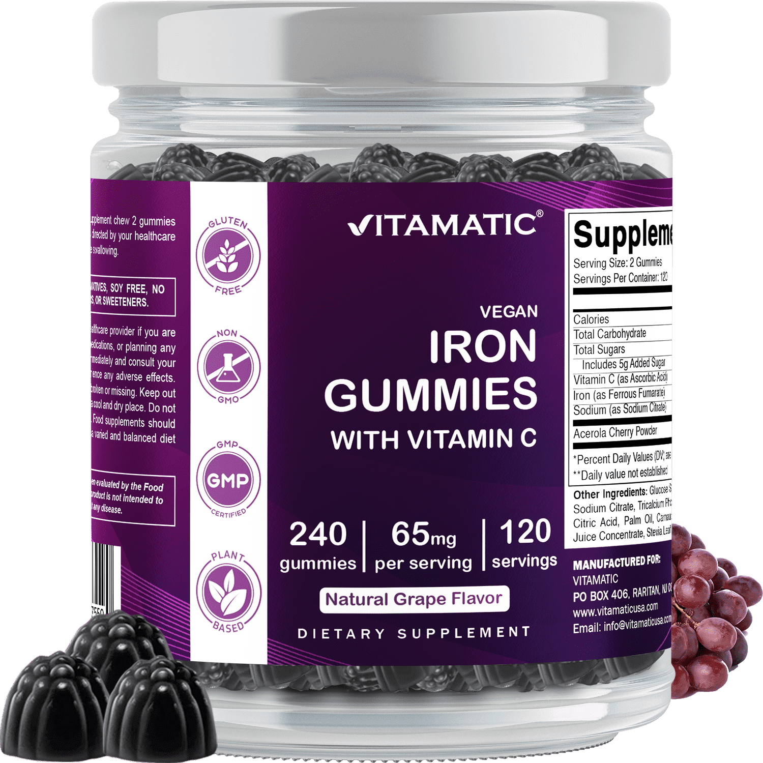 Vitamatic Iron Gummies 65 mg with Vitamin C Vegan Grape Flavor 240 Count for Women Men - Walmart.com