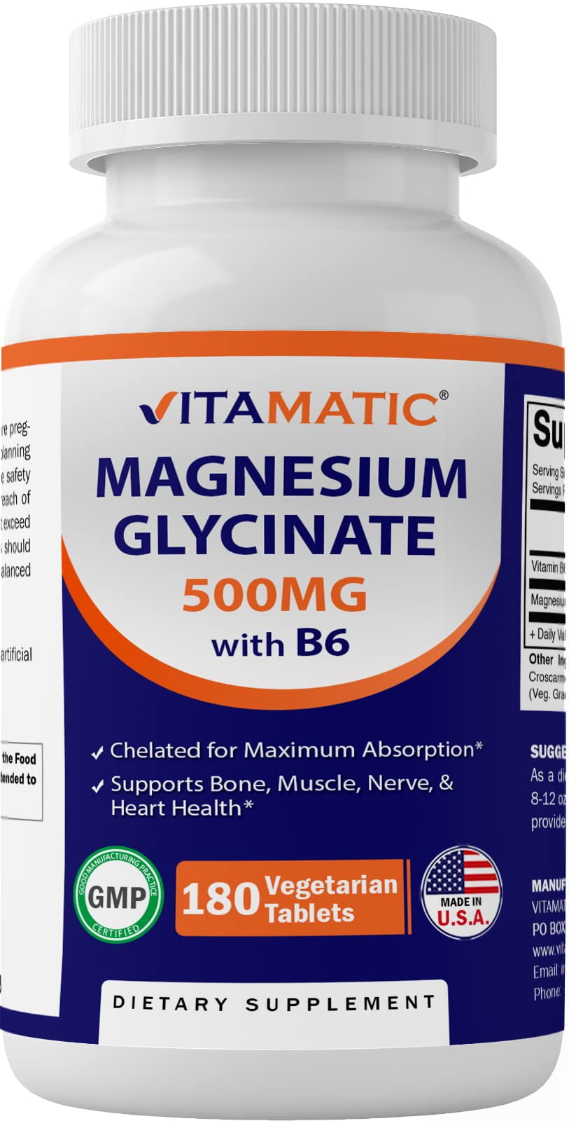 Vitamatic Magnesium Glycinate 500mg per Tablet - 180 Vegetarian Tablets ...
