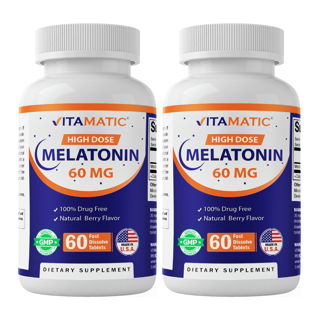 Vitamatic Melatonin 60mg - Vegan Berry Flavor, Non-GMO, Gluten Free (2 ...