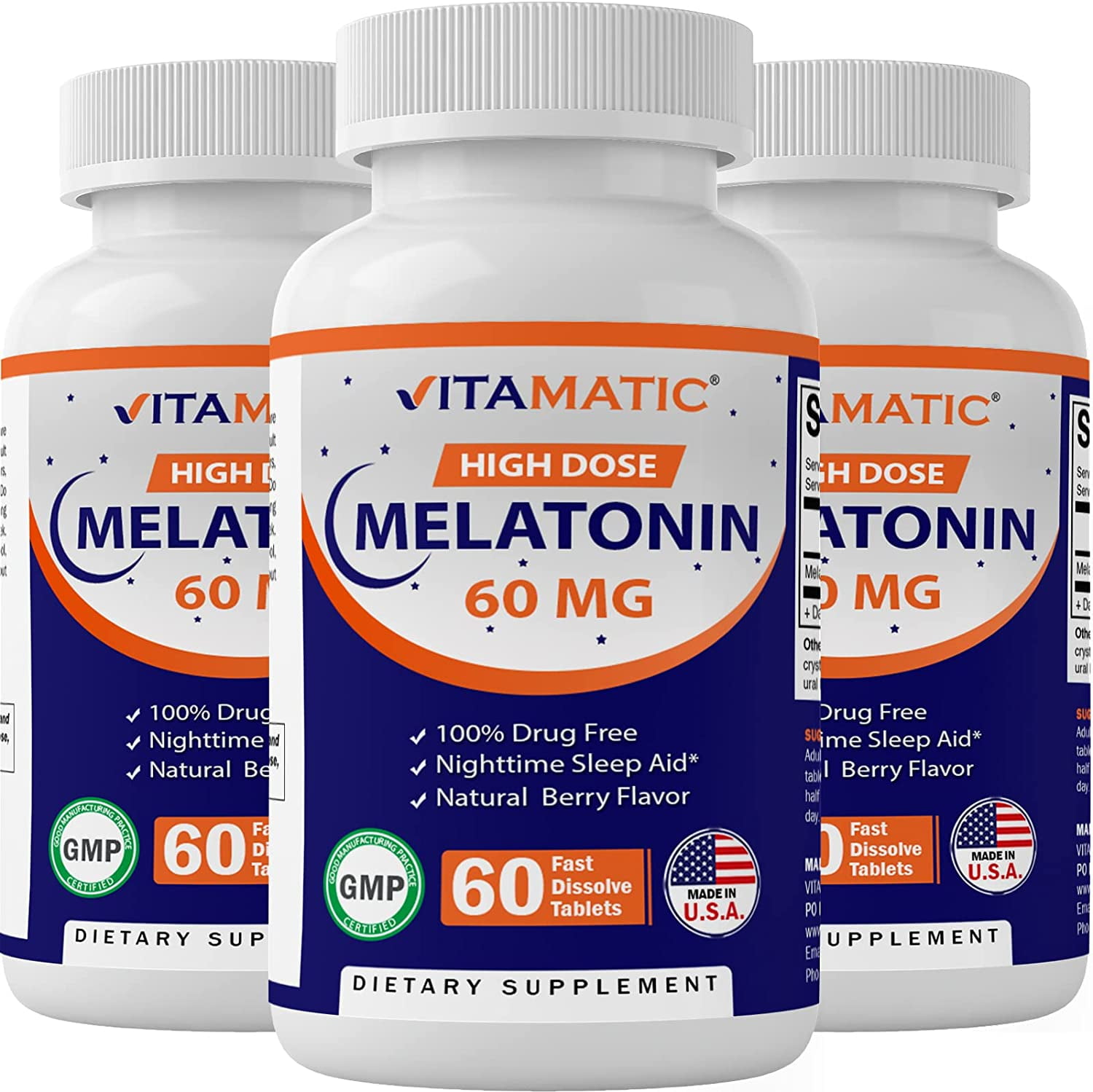 Vitamatic Melatonin 60mg, Fast-Dissolve, Berry Flavored, Vegan, Non ...