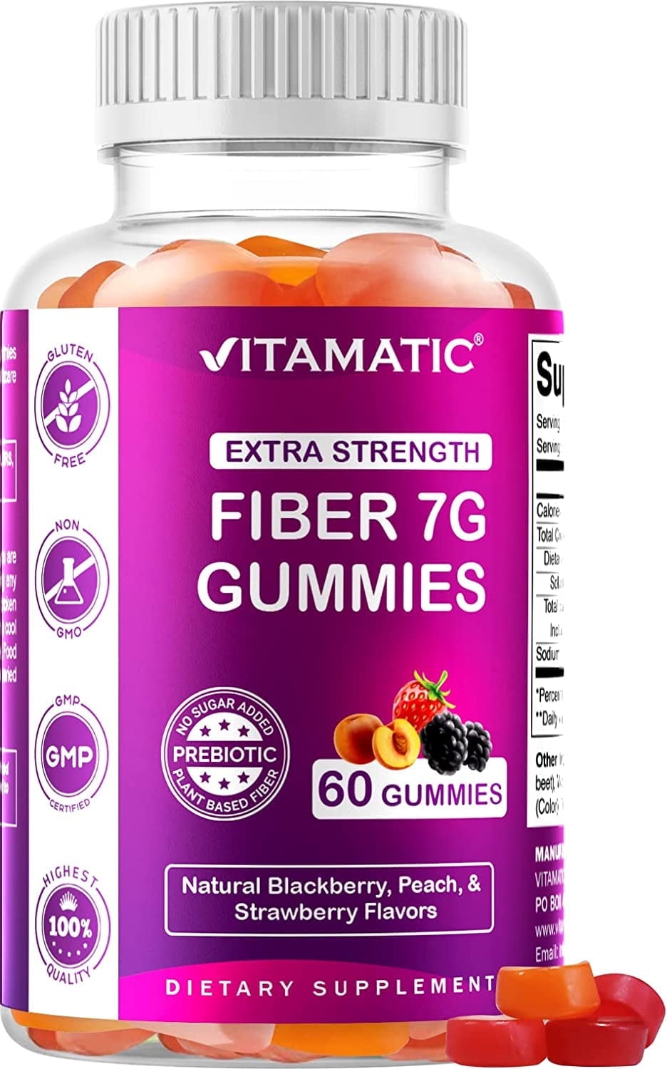 Vitamatic Prebiotic Fiber Gummies - 7G Extra Strength - No Sugar - 60 ...