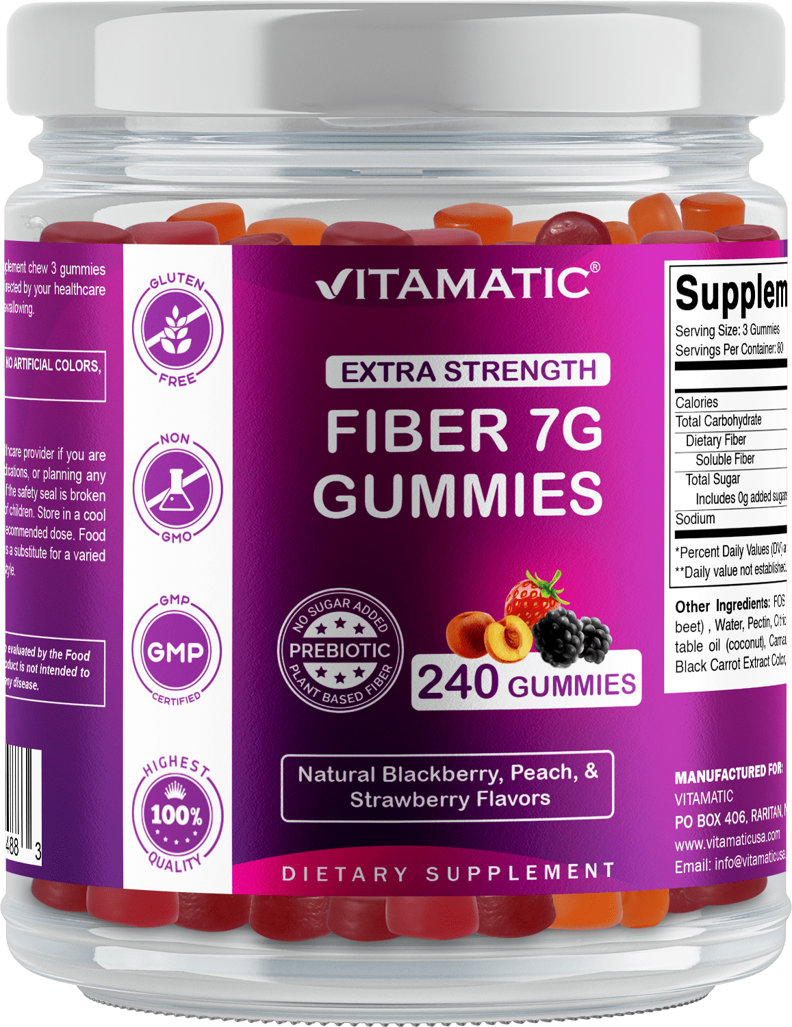 Vitamatic Prebiotic Fiber Gummies for Adults, 7G Extra Strength, Zero ...