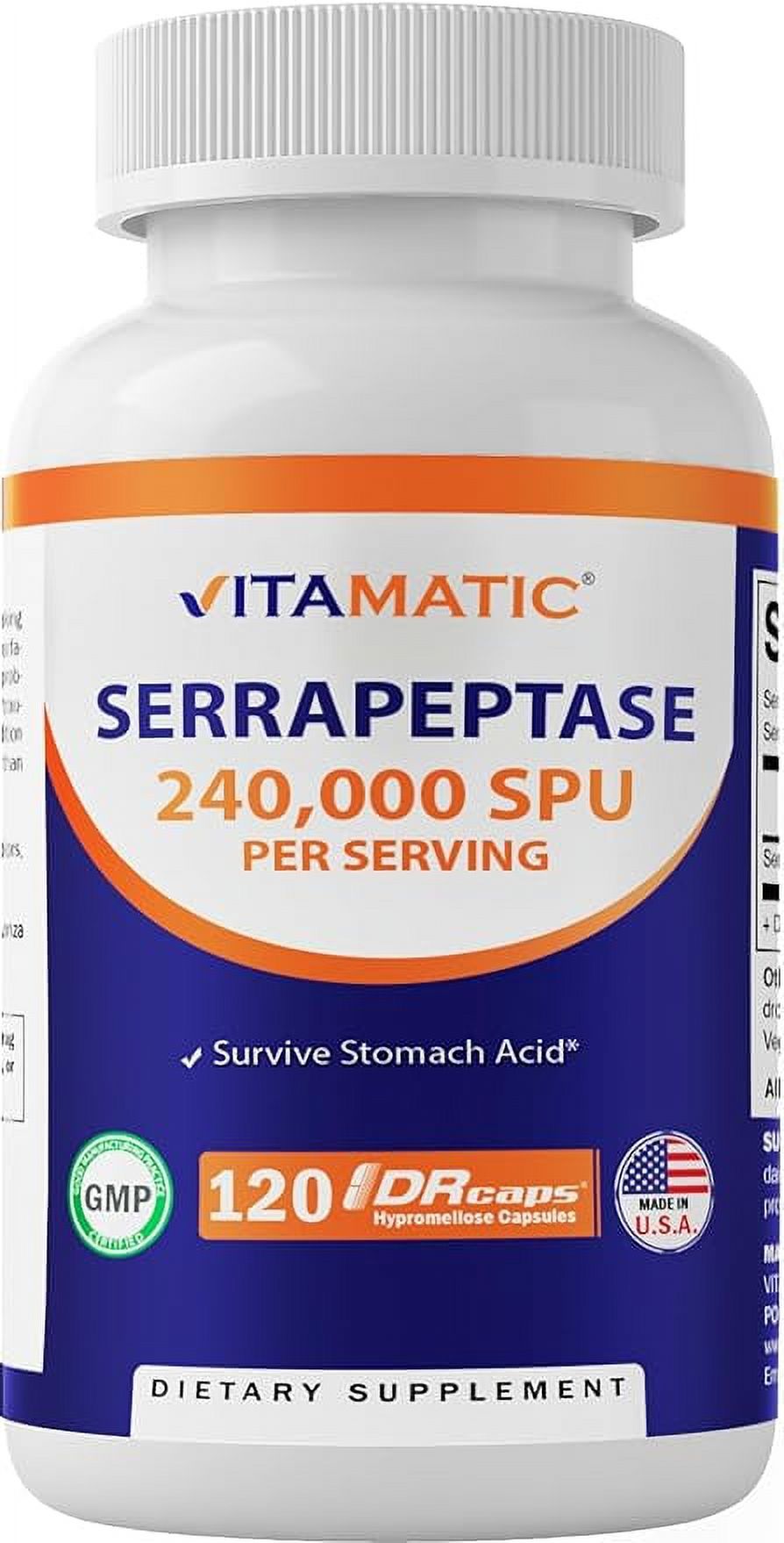 Vitamatic Serrapeptase 240,000 SPU Servings, 120 Delayed Released ...