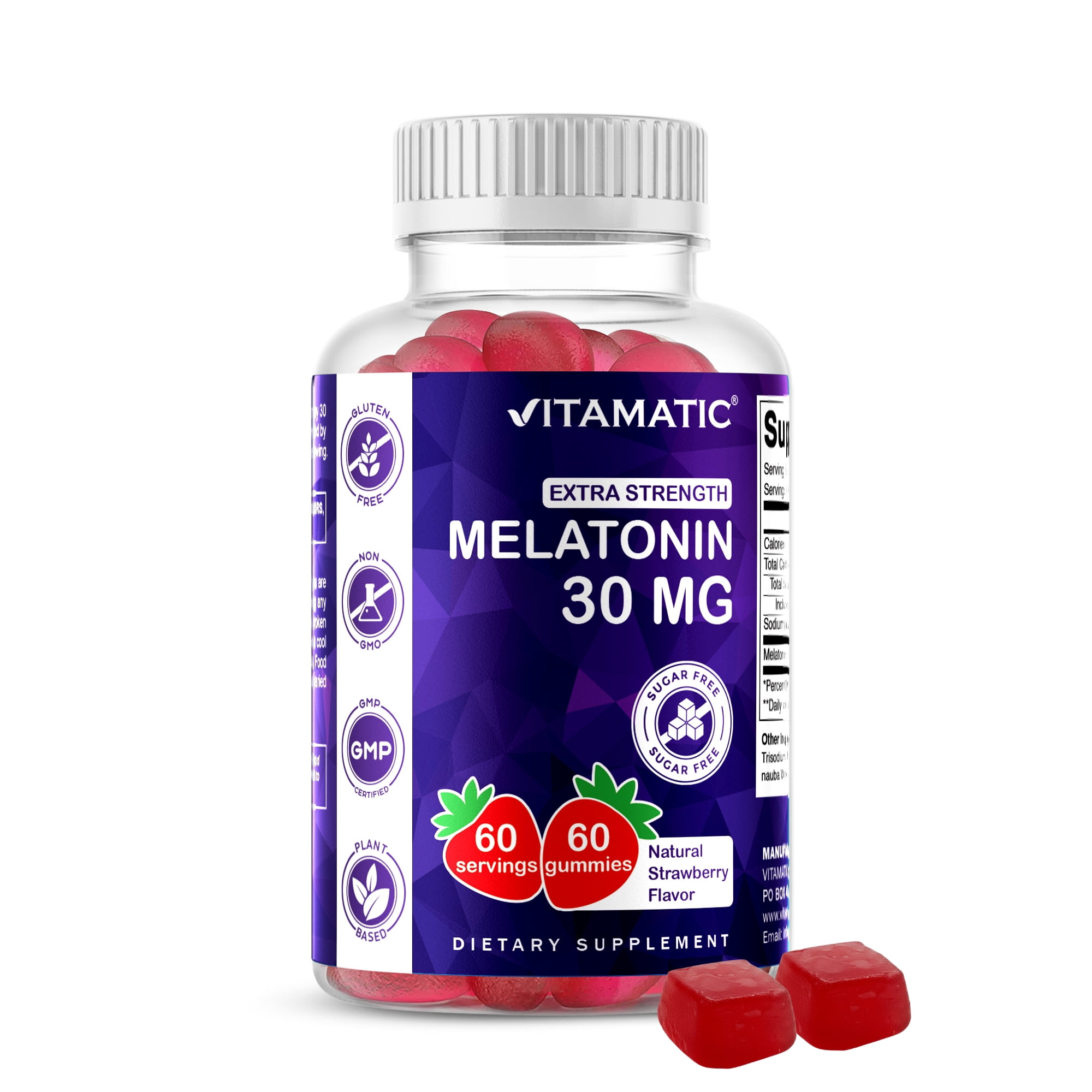 Vitamatic Sugar-Free, Gluten-Free Melatonin 30mg Gummies - 60 Veggie ...