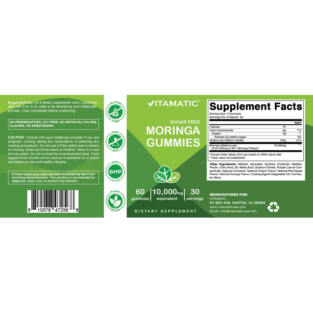 Vitamatic Sugar Free Moringa Gummies - 10000 mg Equivalent per Serving ...