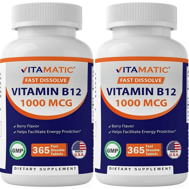 Vitamatic Vitamin B12 1000 mcg, 365 Fast Dissolve Tablets, Berry Flavor ...