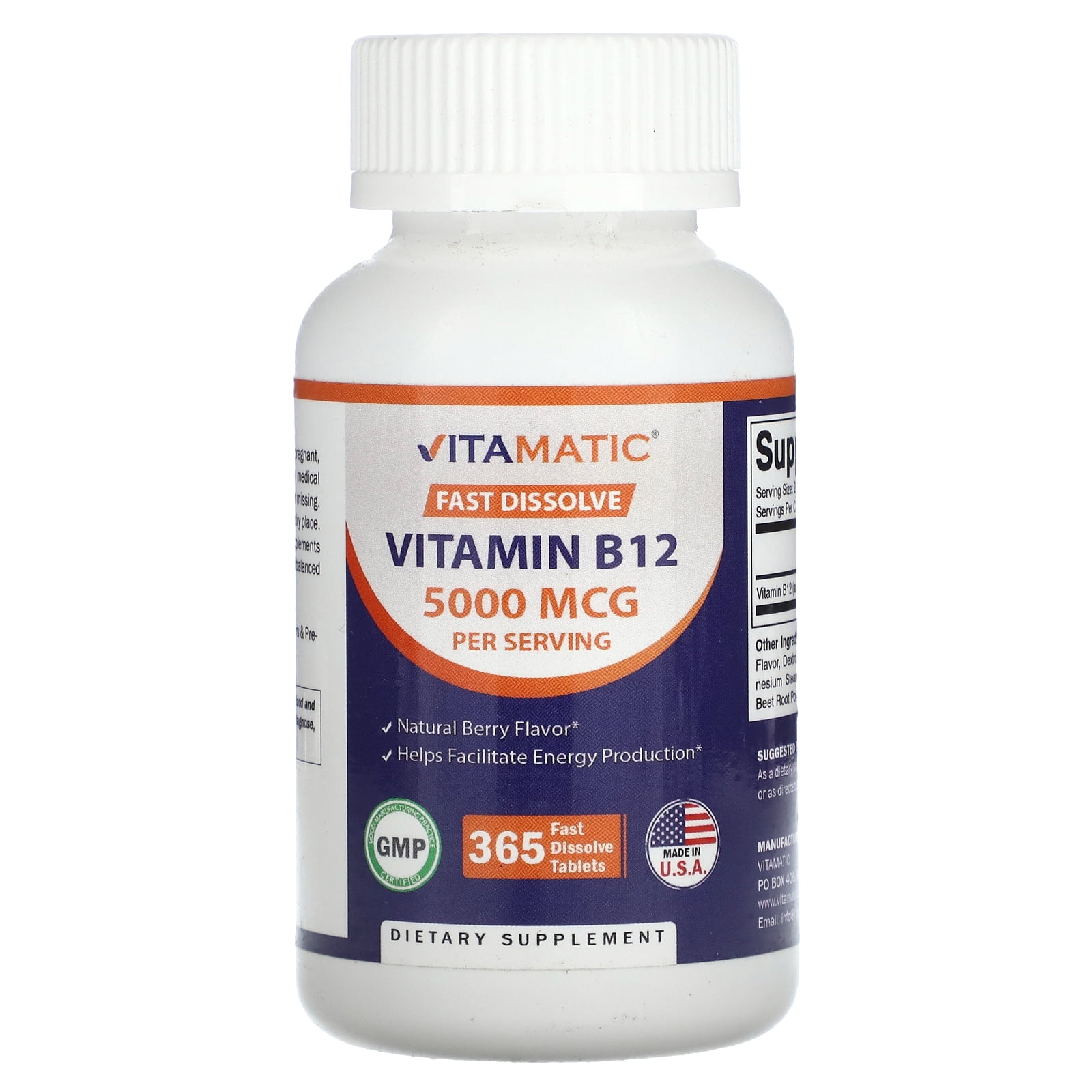 Vitamatic Vitamin B12, Natural Berry, 5,000 mcg, 365 Fast Dissolve ...