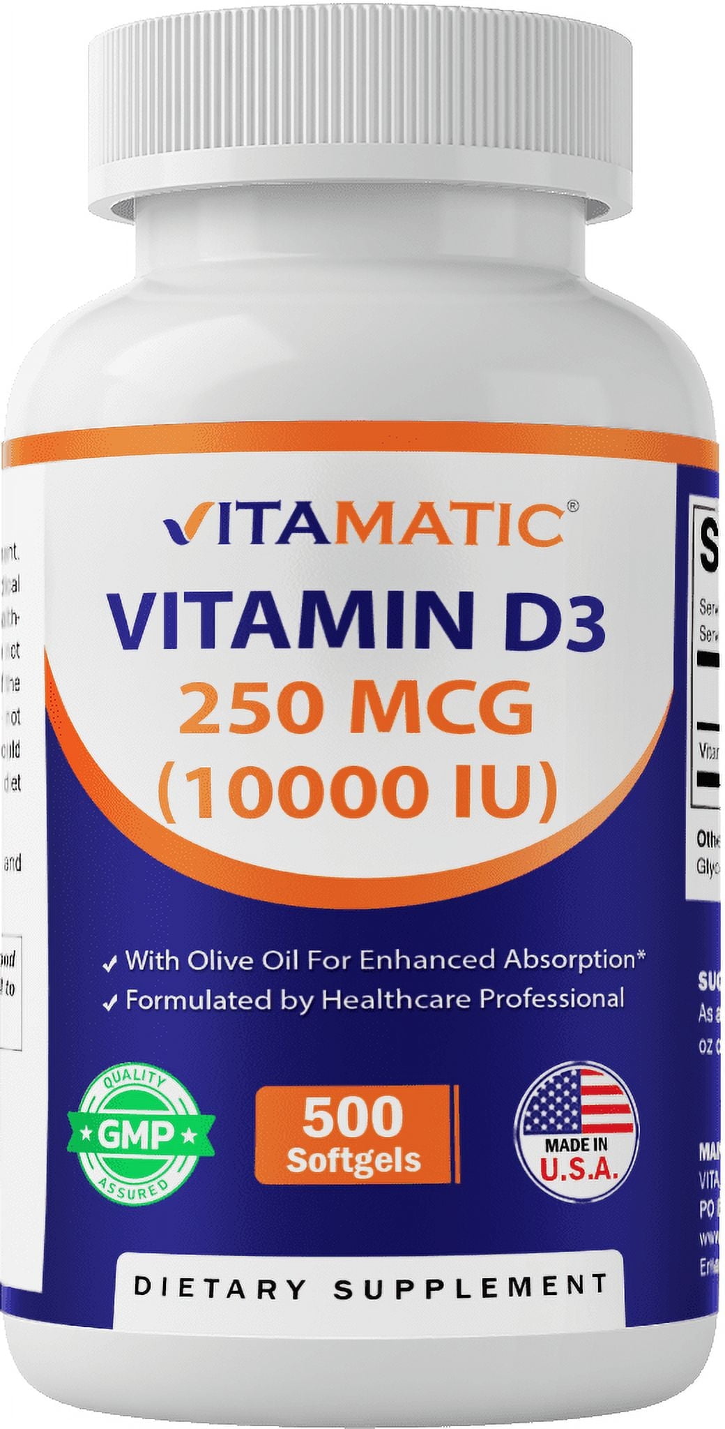 Vitamatic Vitamin D3 10000 IU, 500 Softgels, Cold-Pressed Olive Oil ...