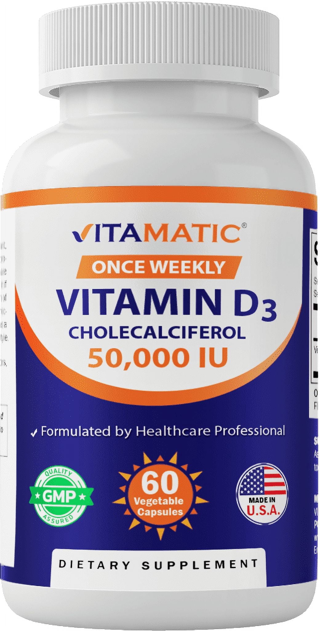 Vitamatic Vitamin D3 50,000 IU Weekly Dose 1250 mcg 60 Veggie Capsules ...
