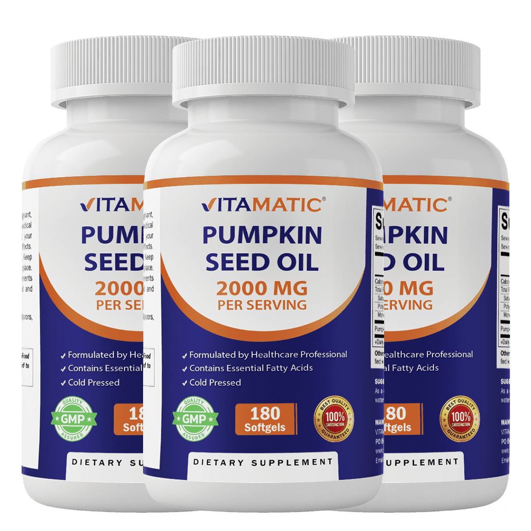 Vitamatic Pumpkin Seed Oil Supplements, 2000mg Softgel Capsules, Cold ...