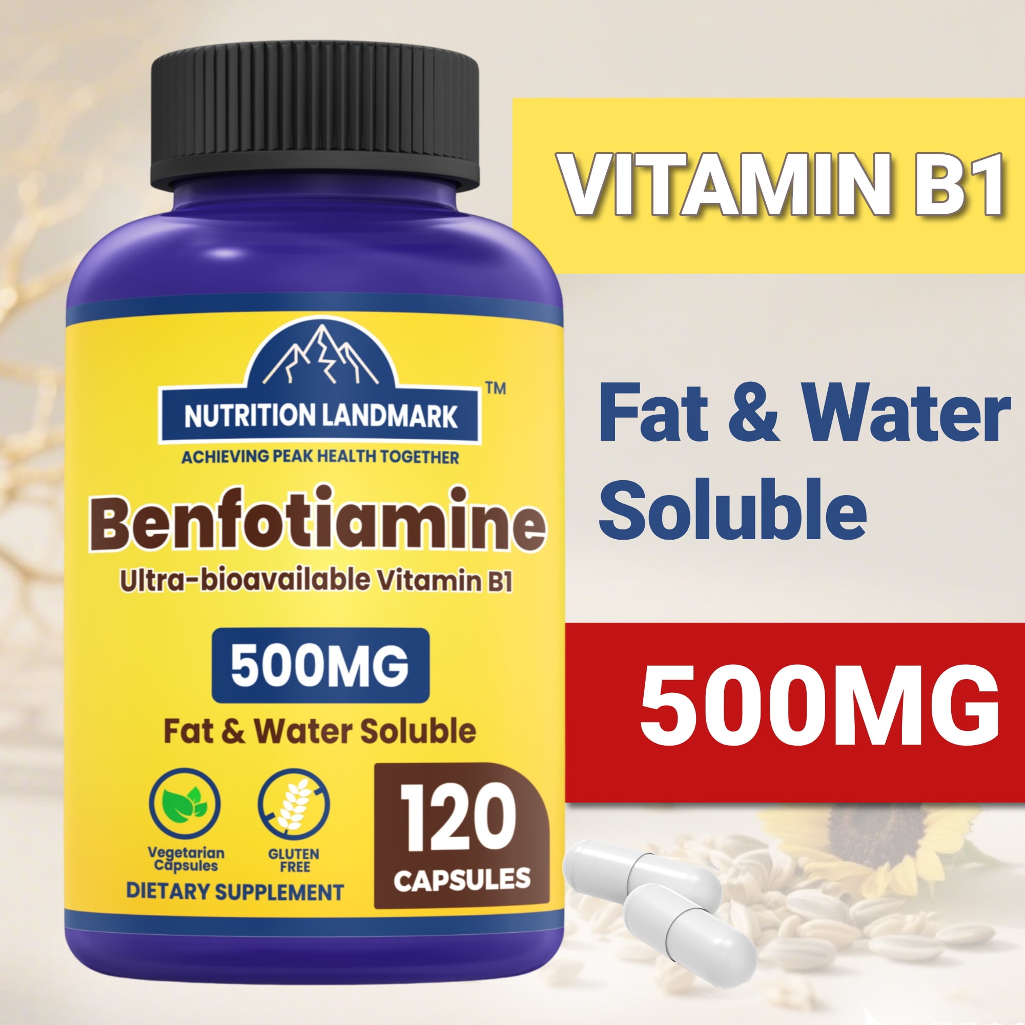 Vitamin B1 Benfotiamine, 500mg per Serving, 120 Capsules,Fat & Water Soluble Vitamin B1, Gluten ...