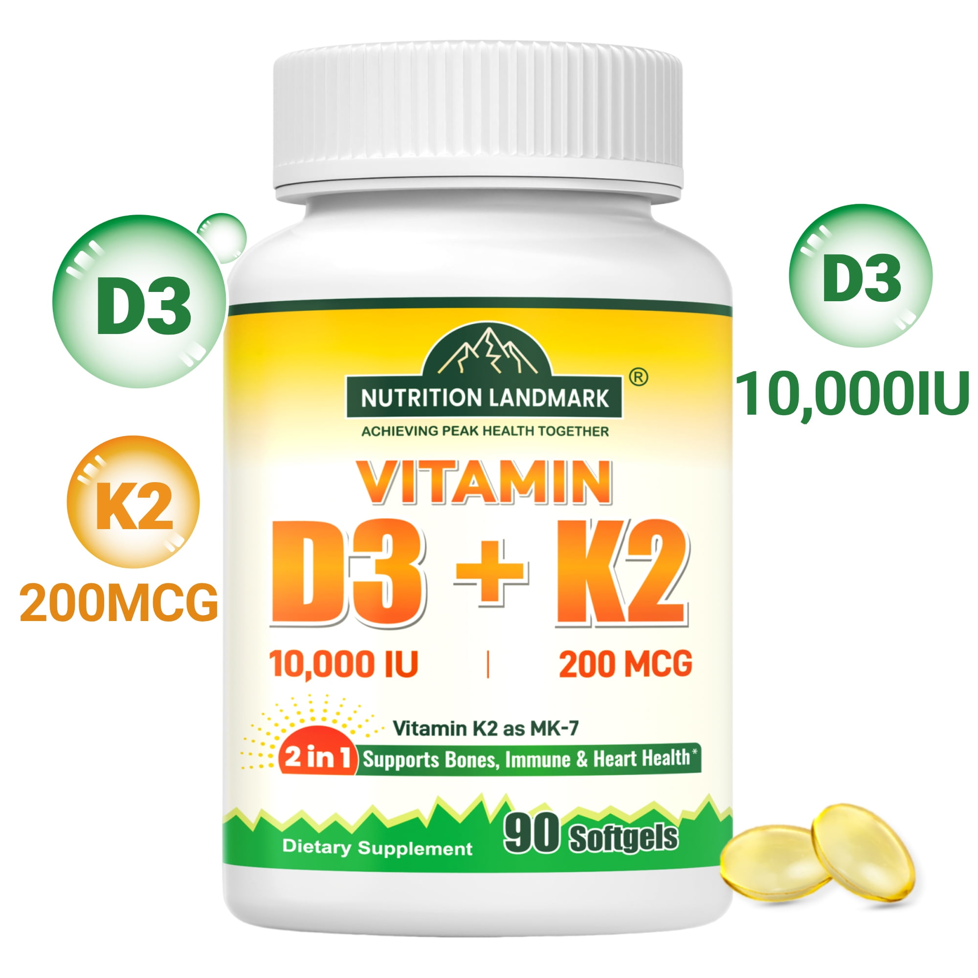 Vitamin D3 10,000 K2 (MK7) with Virgin Coconut Oil, 90 Softgels, 200mcg, 2 in 1 Support, 3 ...