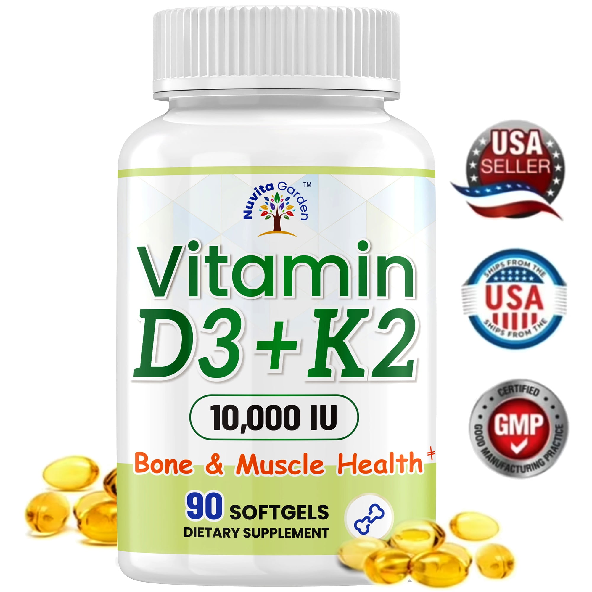 Vitamin D3+K2 10,000 IU - 3 Month Supply High Potency - Immune & Joint Health Gluten Free, 250 ...