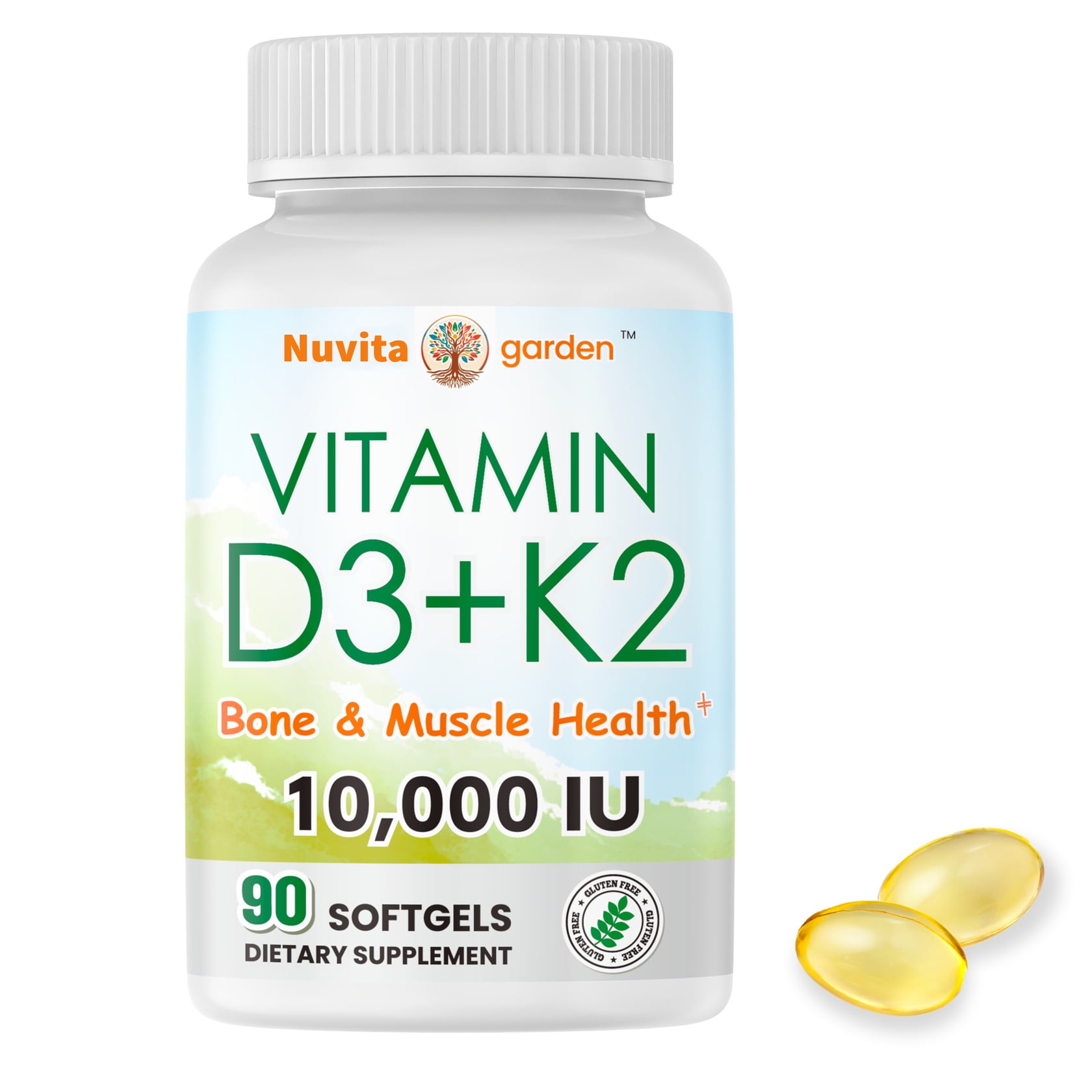 Vitamin D3 + K2, 10000 IU Vitamin D3 + 200 mcg Vitamin K2, Supports ...