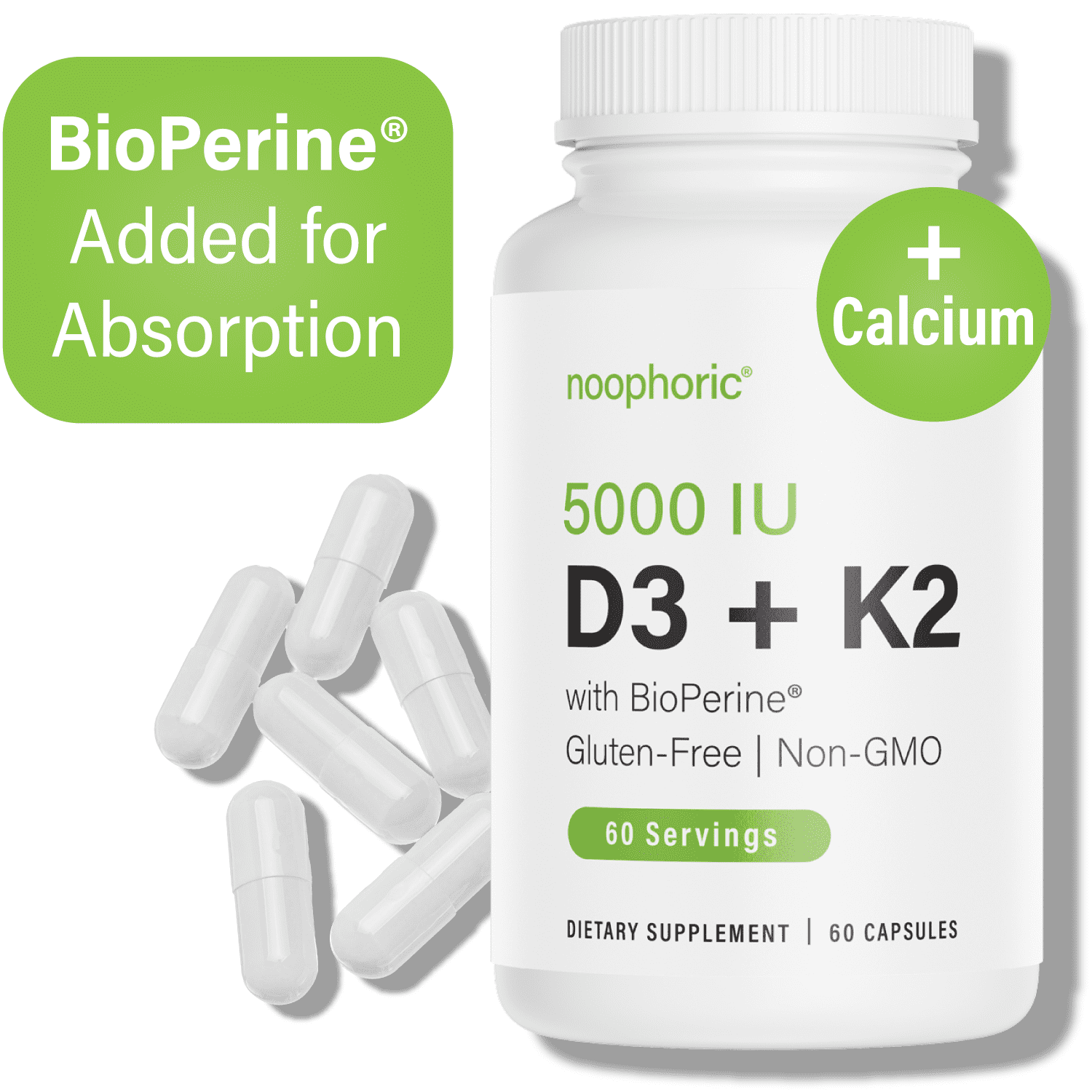 Vitamin D3 K2 5000 IU - Added Calcium & BioPerine - Gluten-Free, Non ...