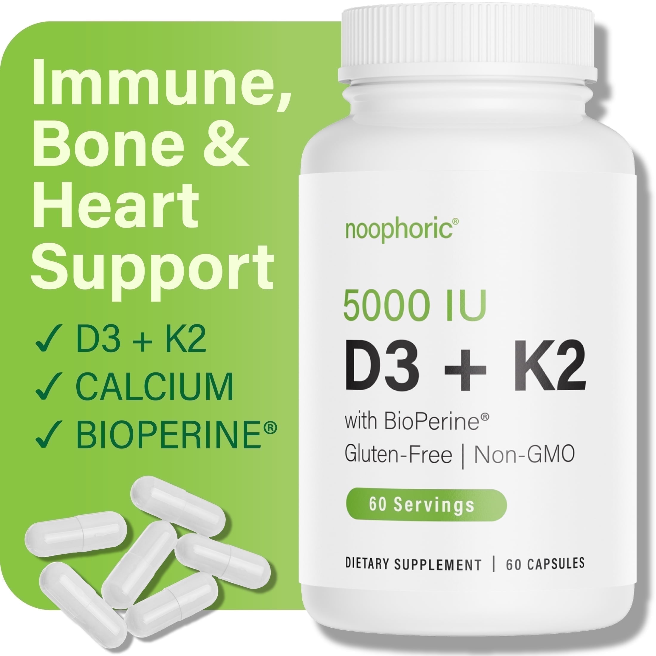 Noophoric Vitamin D3 K2 5000 IU, Calcium & BioPerine Supplement, Gluten ...