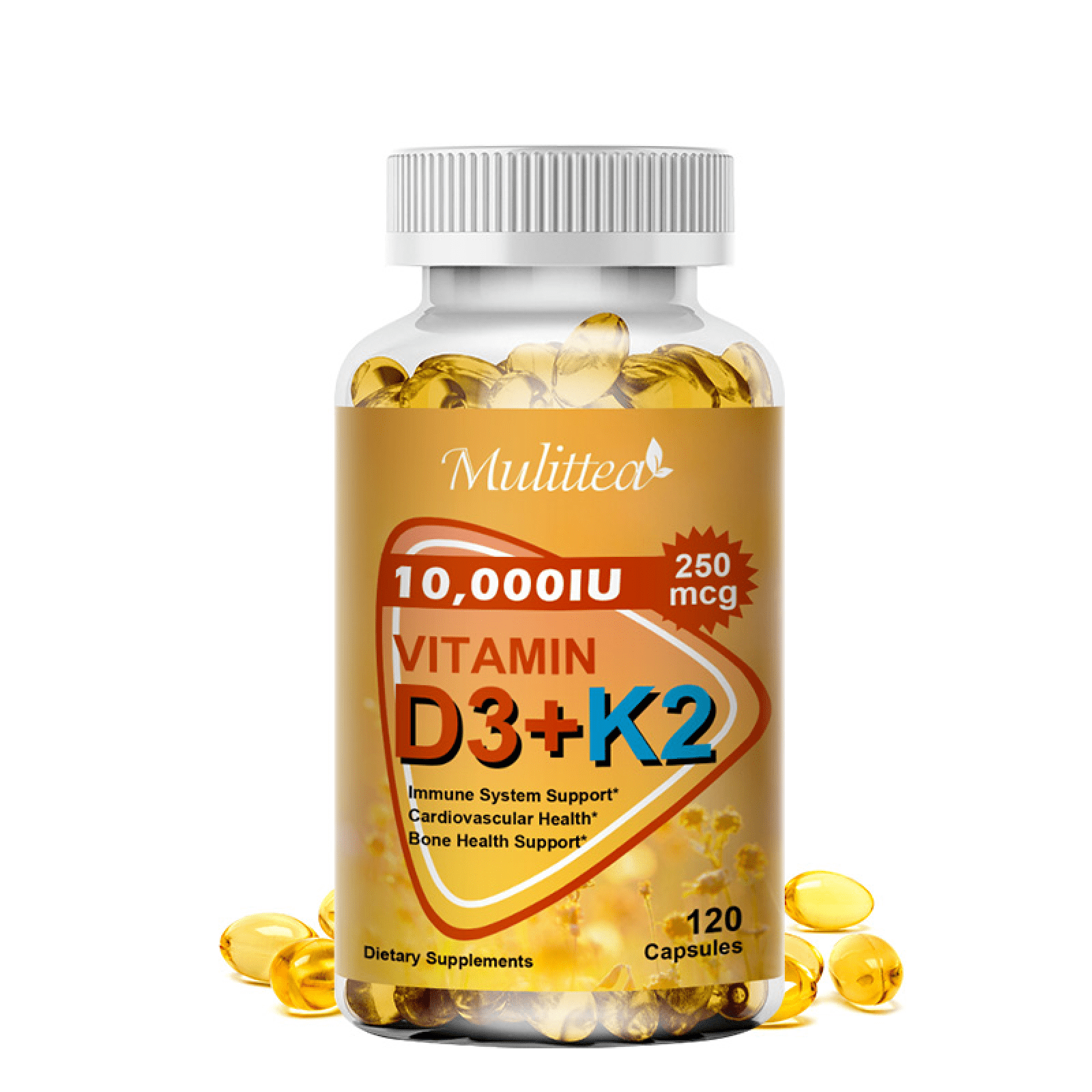 Vitamin D3 + K2 Capsules, 10000 IU Vitamin D3 with 250 mcg Vitamin K2 (MK7) Supplement, 120 ...