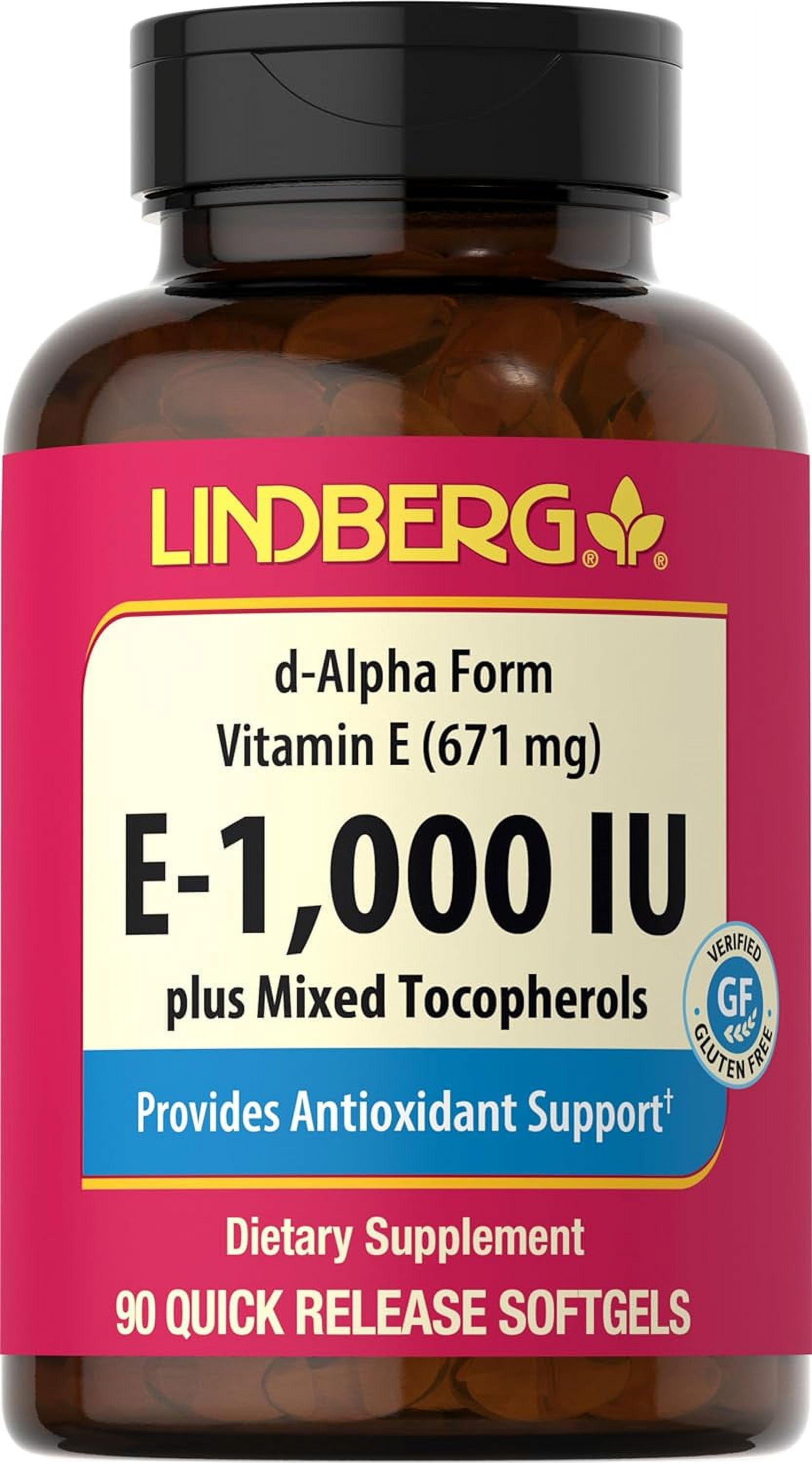 Lindberg Vitamin E 1000 IU, 90 Softgels, D-Alpha Tocopherol, Mixed ...