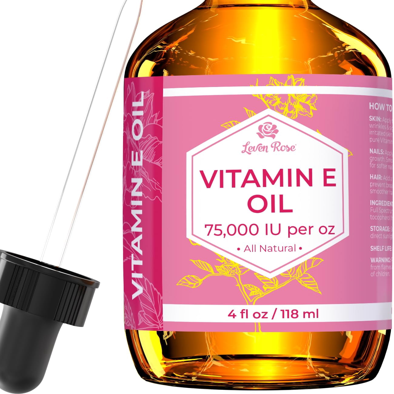 Vitamin E Oil by Leven Rose 75 000 IU per oz 100 Natural Organic Pure ...