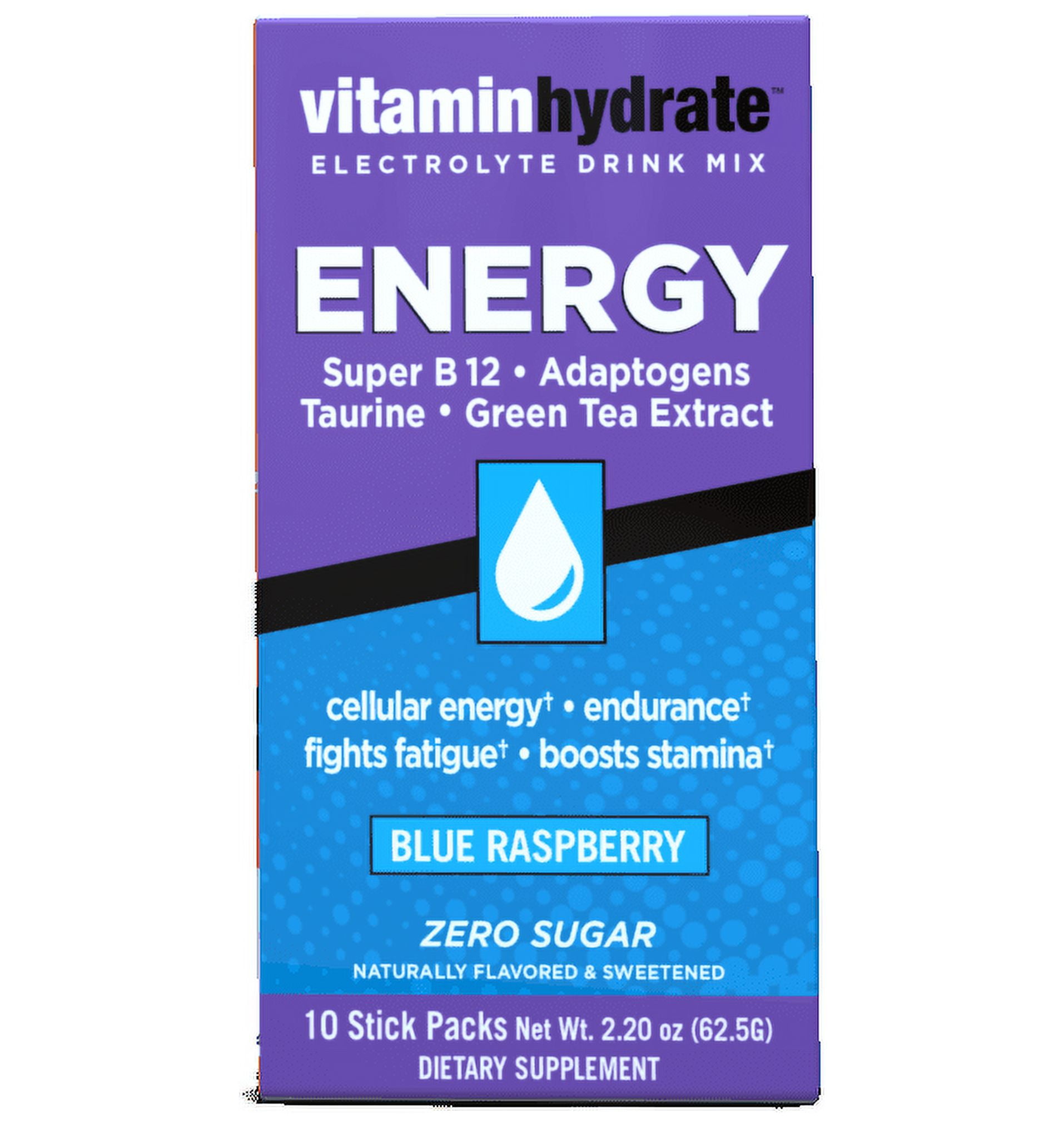 Vitamin Hydrate Electrolyte Drink Mix, Energy, Blue Raspberry, 10 Ct ...